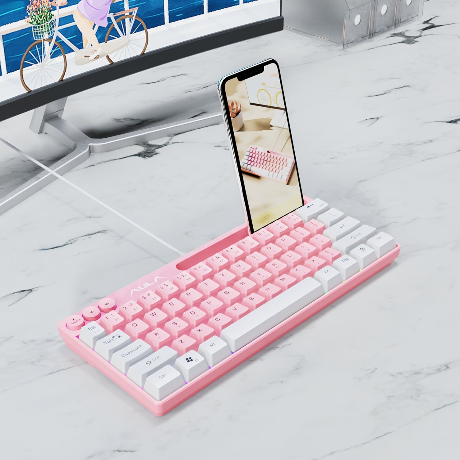 SHZHYYWL Compact White&Pink RGB AULA F3061 Wired Membrang Gaming ...