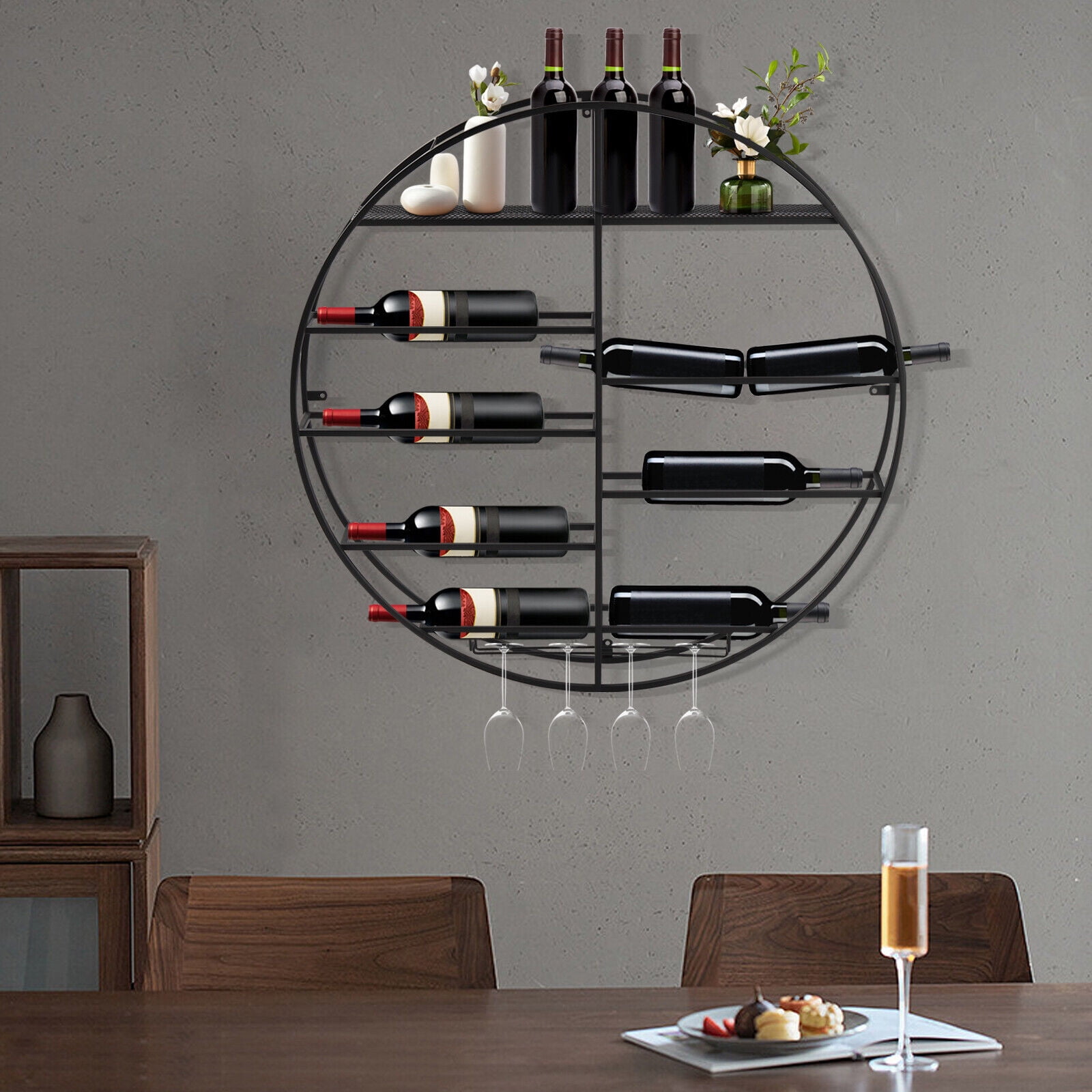 SHZICMY 12 Bottle Black Metal Round Wall Mounted Wine Display Rack Wine ...