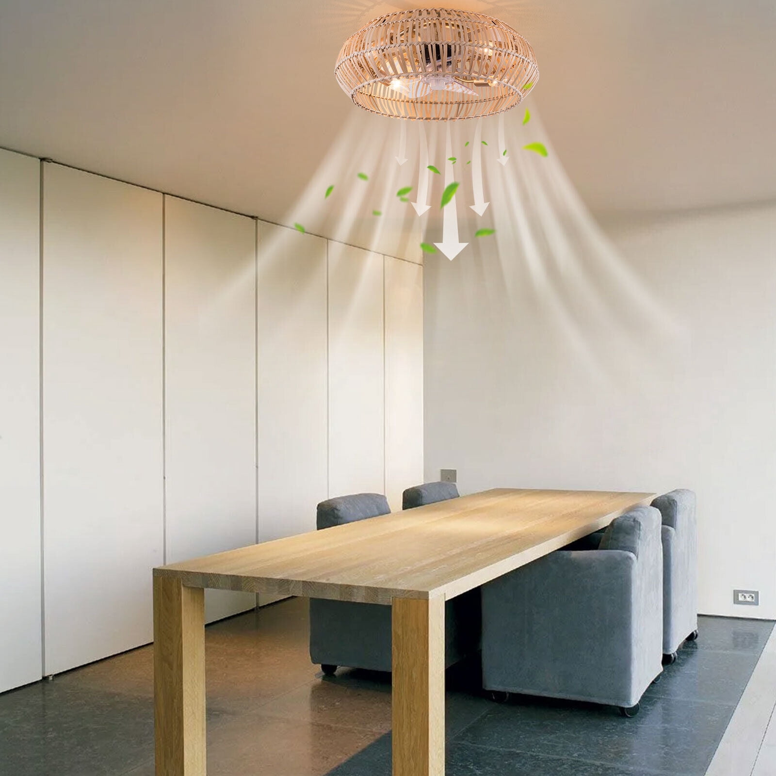 SHZICMY 20" Farmhouse Rattan Woven Ceiling Fan with Light 5 Blades Fan ...