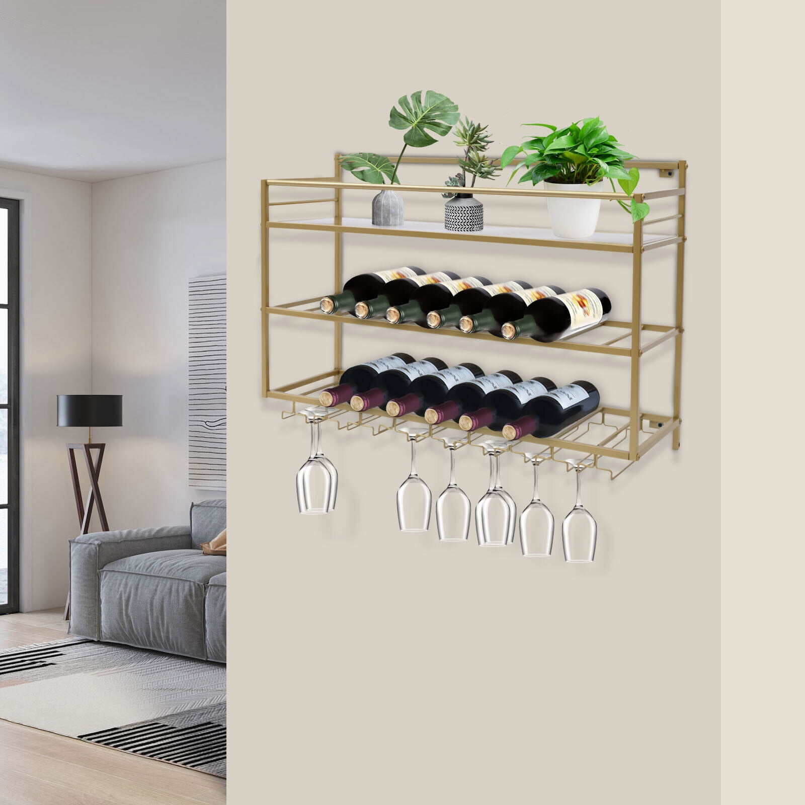 SHZICMY 3-tiers Wall Mounted Wine Rack Metal Multifunctional Display ...