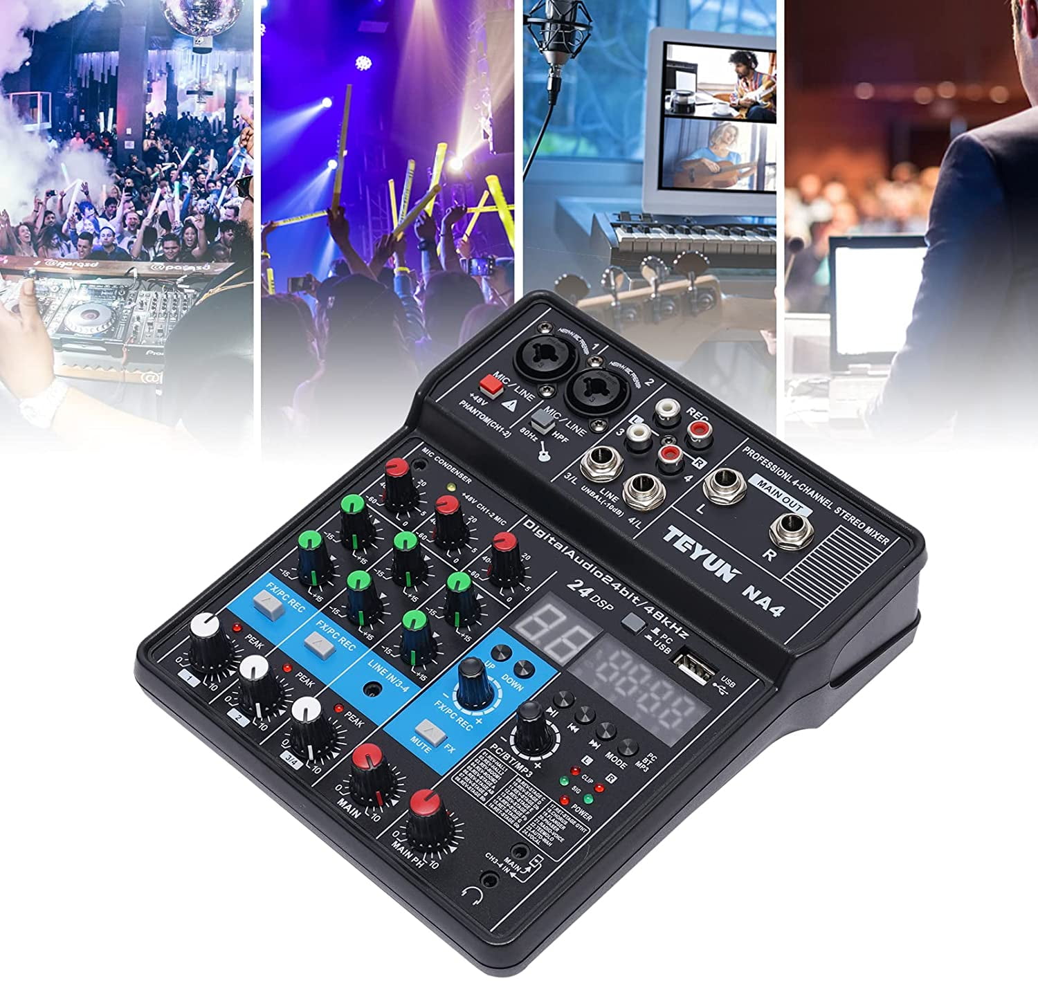 SHZICMY 4 Channel Audio Mixer USB Mixing Console Bluetooth for Karaoke ...