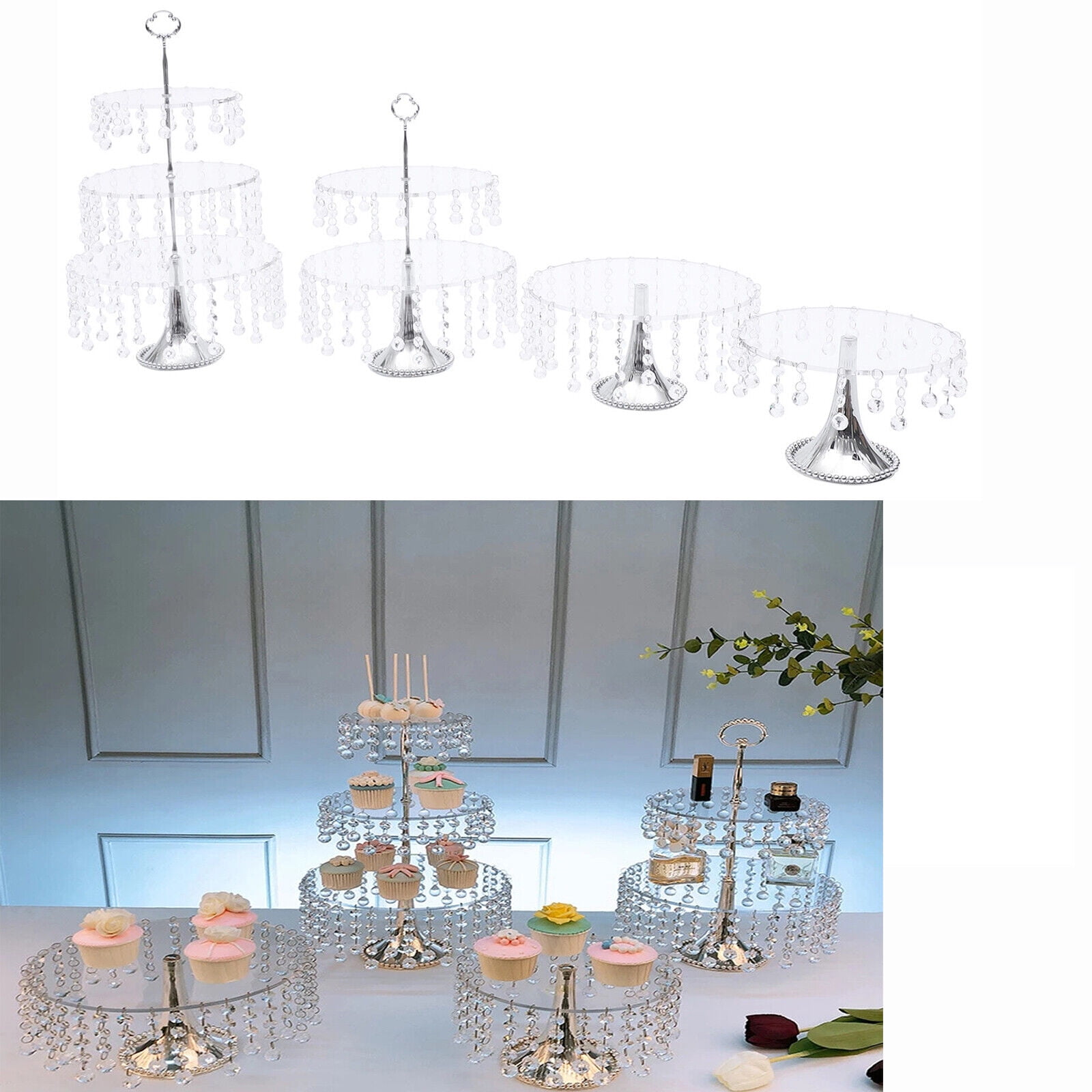 SHZICMY 4 Piece Cake Stand with Hanging Crystal Pendants and Acrylic ...