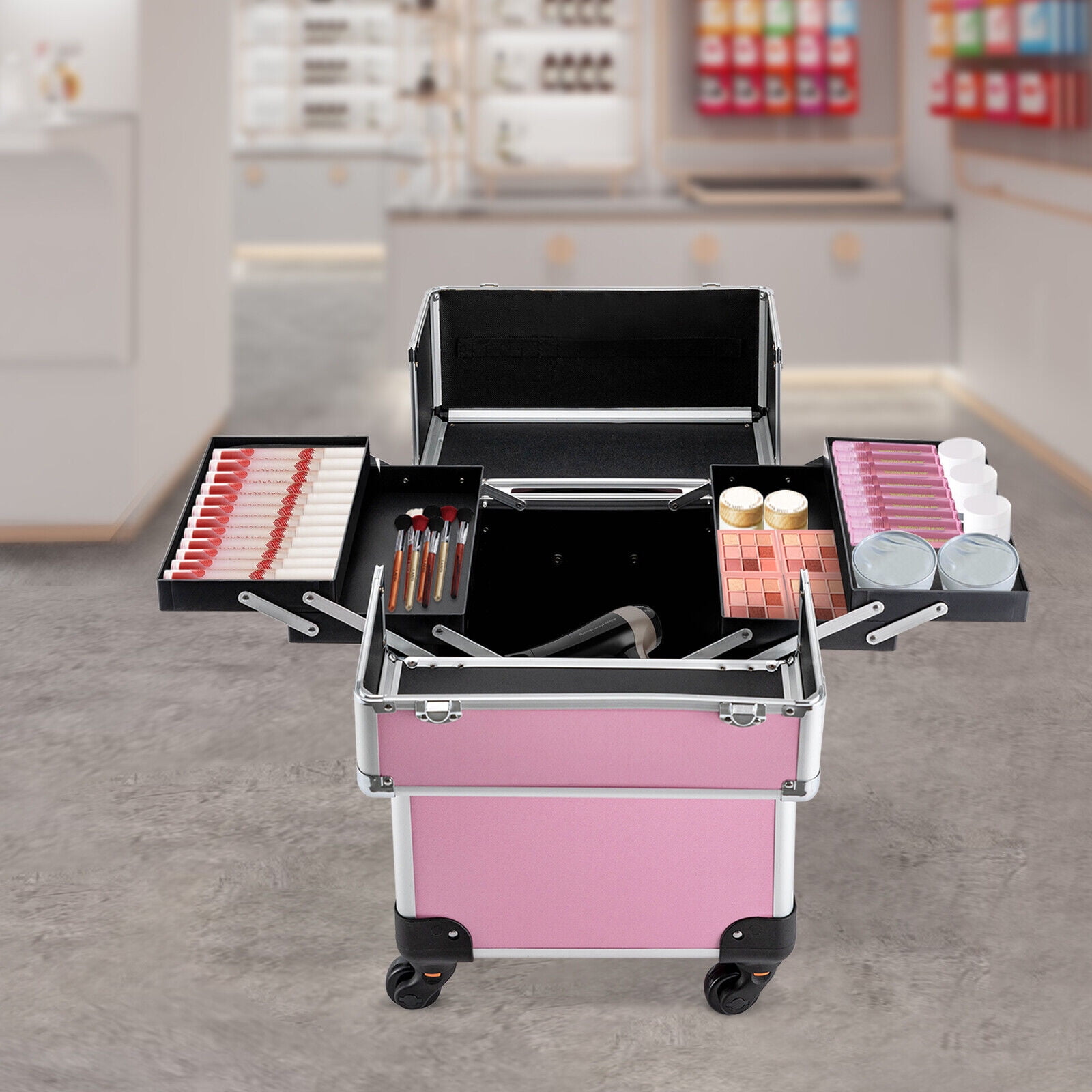 SHZICMY Professional 4-Tier Rolling Makeup Train Case, Portable Trolley ...
