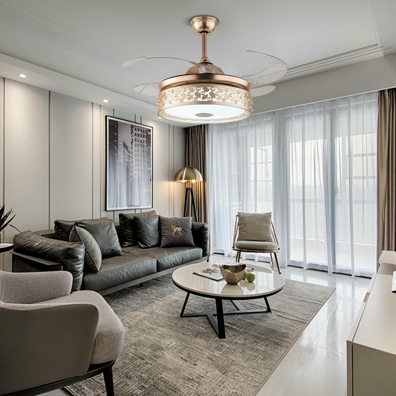 SHZICMY 42" Retractable LED 7-Color Ceiling Fan Light with Bluetooth ...