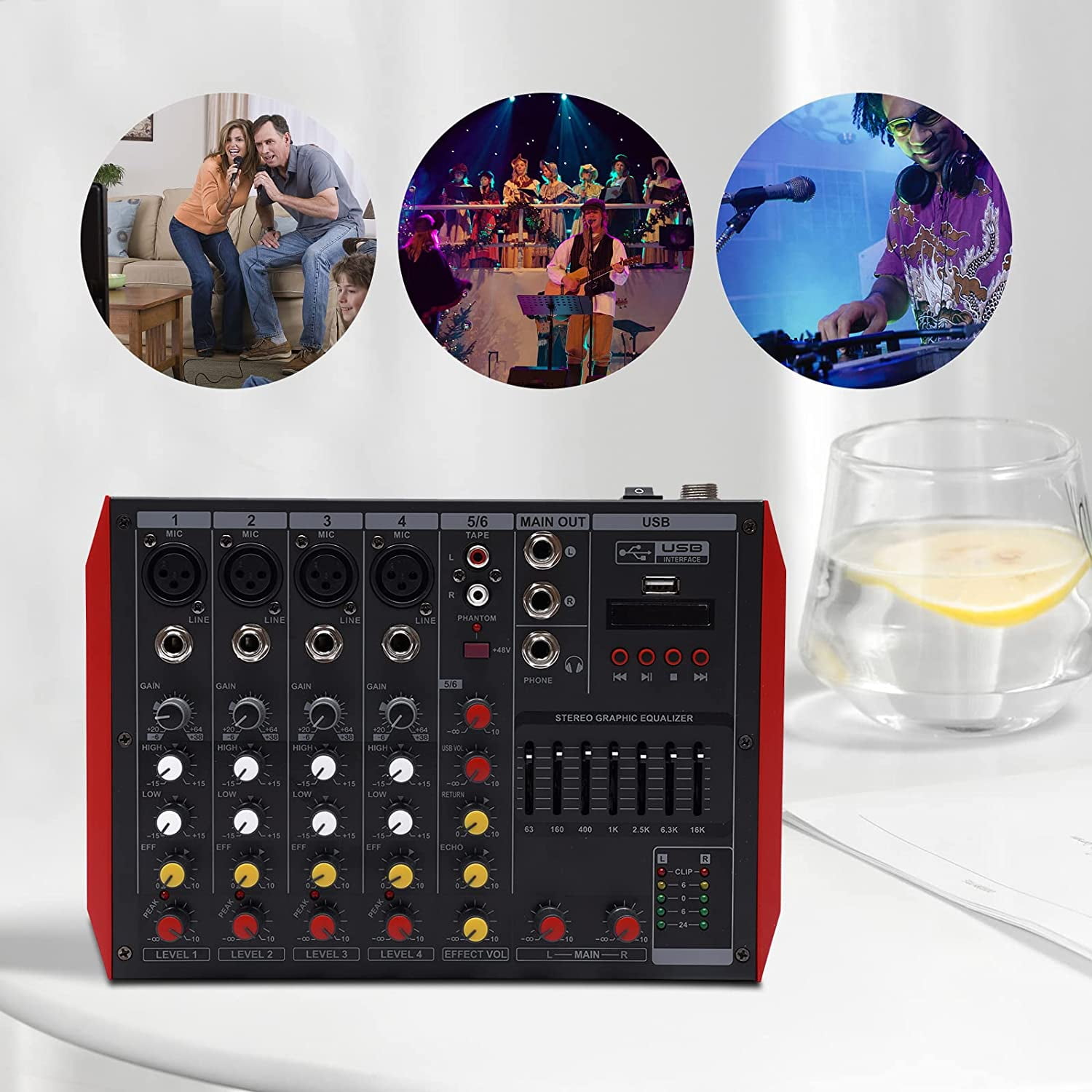 SHZICMY 6 Channel Audio Mixer with Sound Card and Built-in 48V Phantom ...