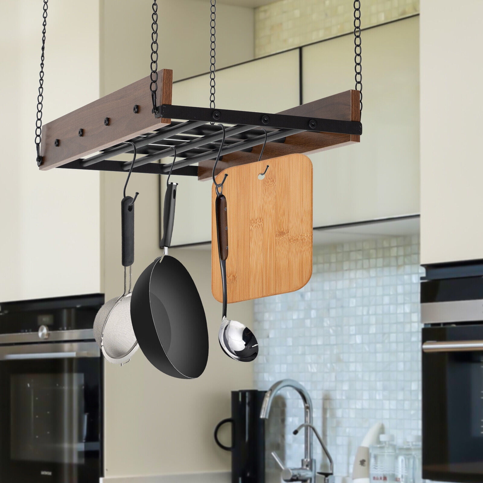 SHZICMY Black and Brown Ceiling Mounted Pot Rack Hanging Pots and Pans ...