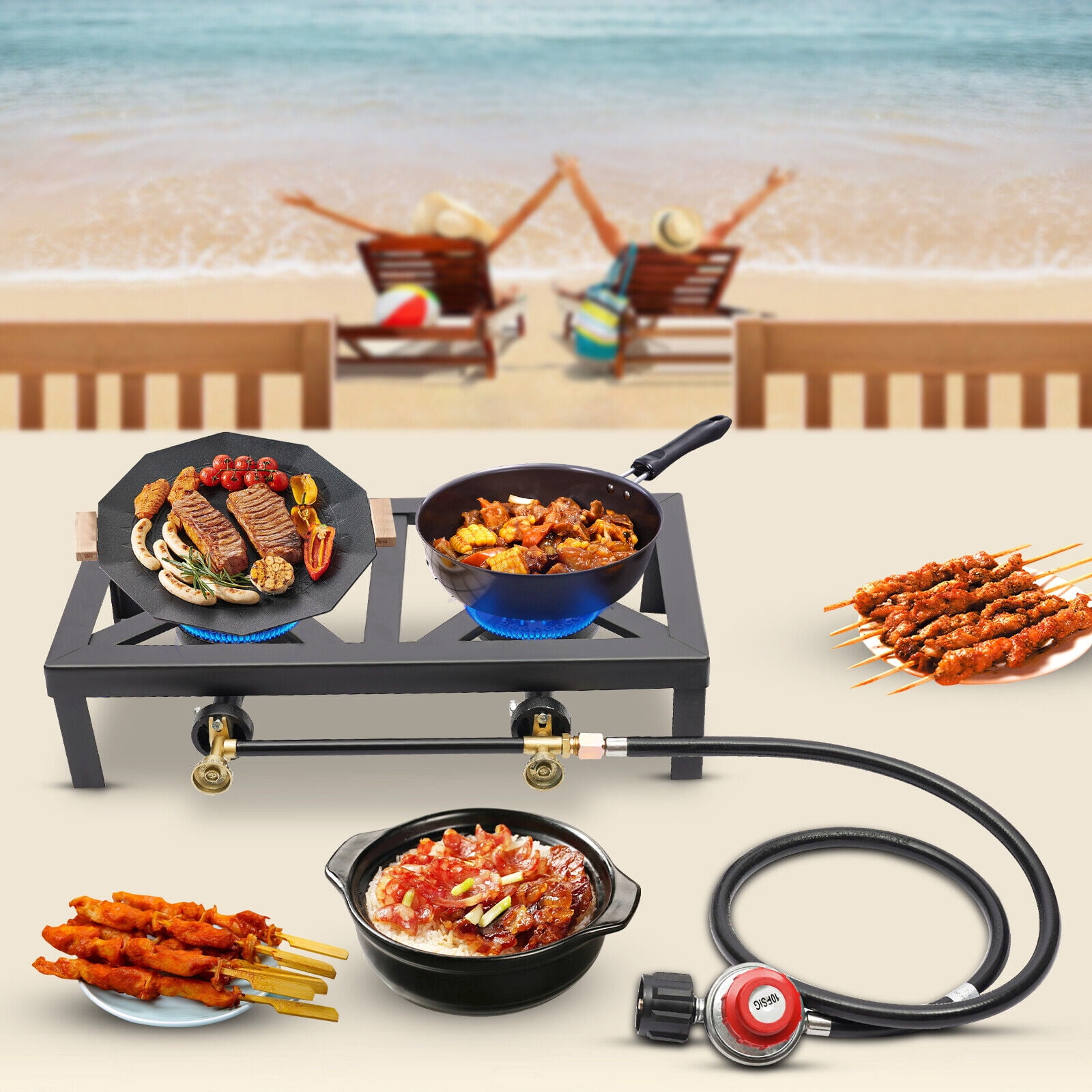 SHZICMY Portable Camping Stove Double Burner Outdoor Gas Stove BBQ ...