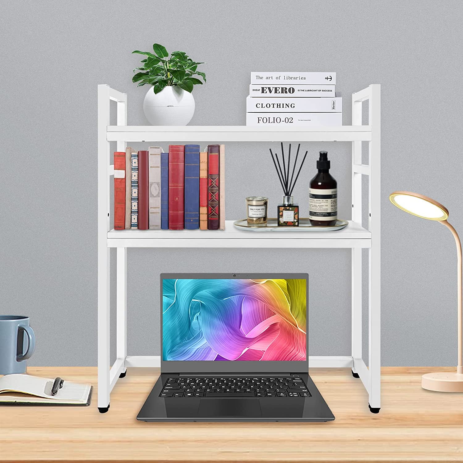 SHZICMY White 2-Tier Multipurpose Computer Desktop Bookcase for Study ...