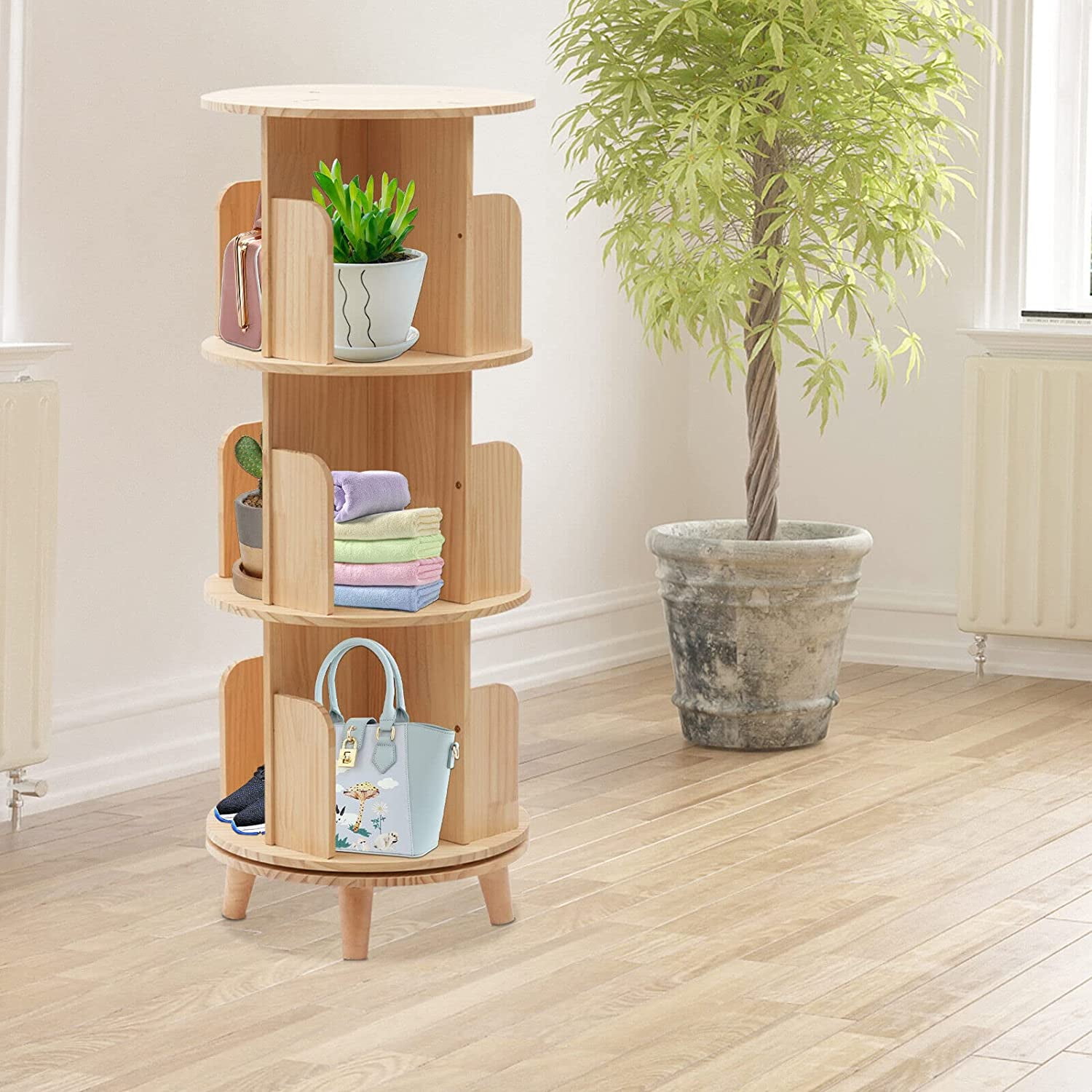 SHZICMY Wood 3 Tier Floor Standing Shelf 360 Rotating Bookshelf for ...