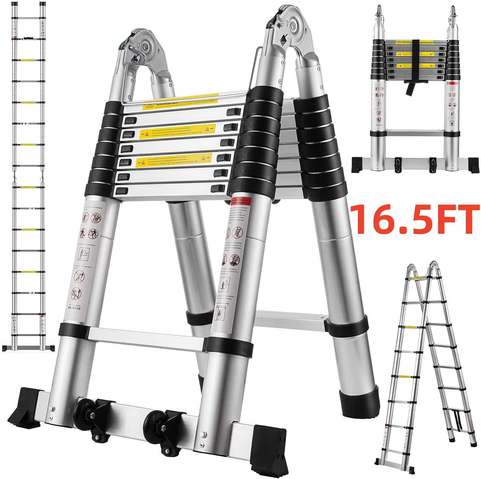 SHZOND 16.5ft Telescopic Ladder Folding Aluminum Extension Ladder with ...