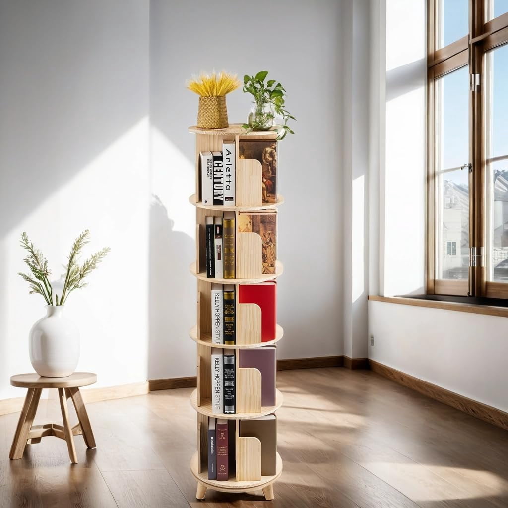 SHZOND 5 Tier Rotating Bookcase with Legs, 360°Display Solid Wood ...