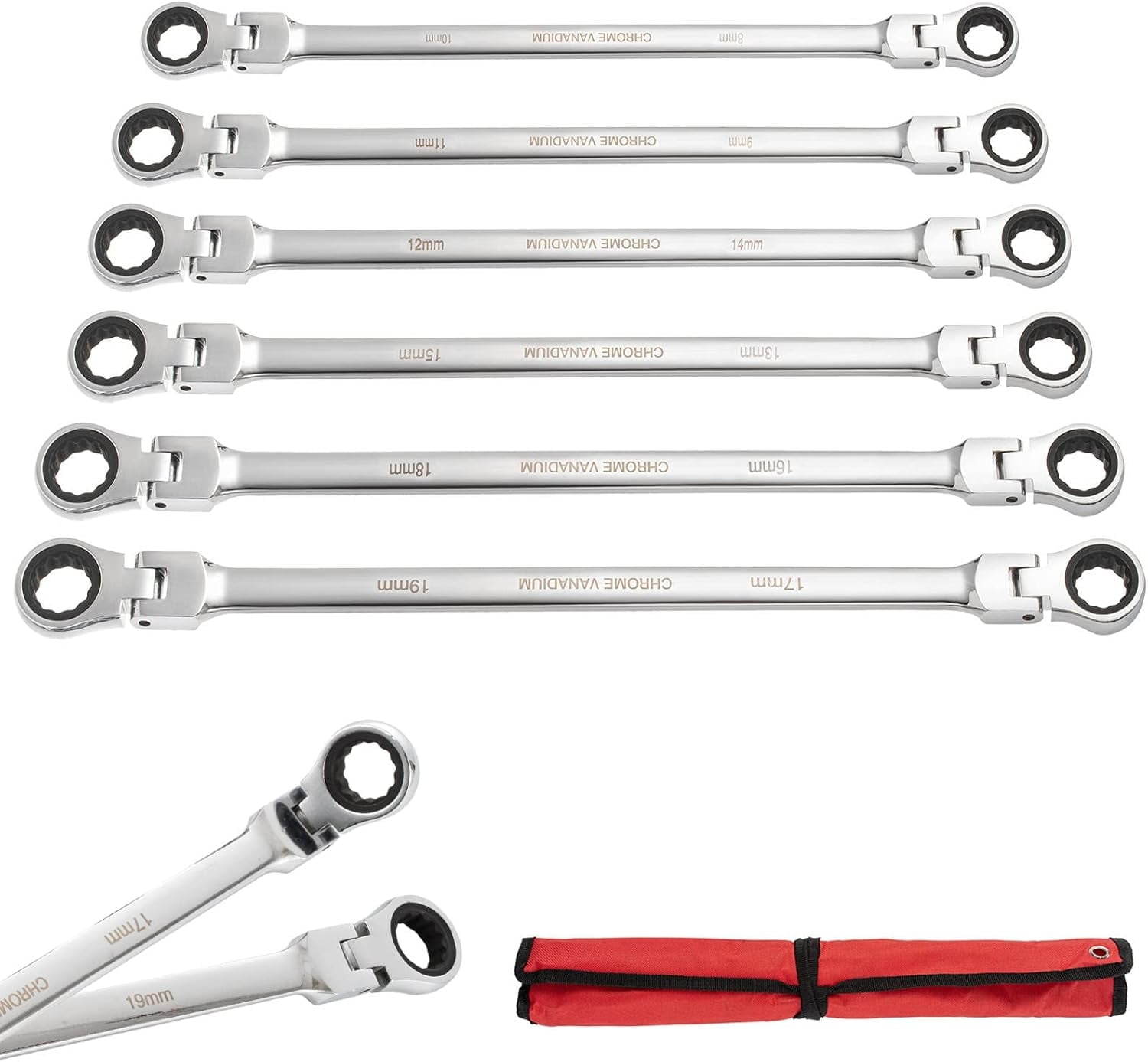 SHZOND 6Pcs Extra Long Flex Head Ratcheting Wrench Set Metric 8-19mm ...