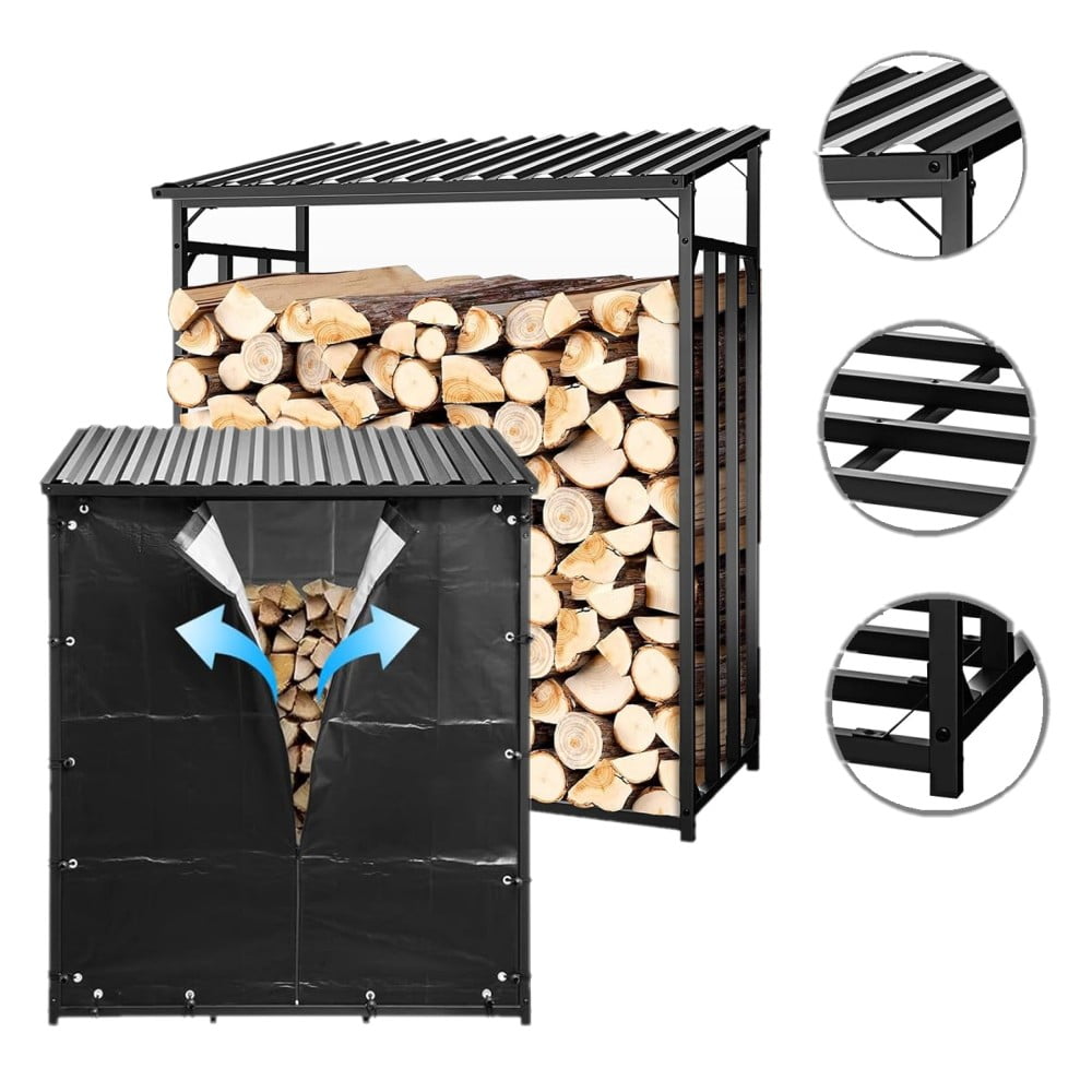 SHZOND Heavy Duty Metal Firewood Rack, Wood Storage Shed Holder Wood ...