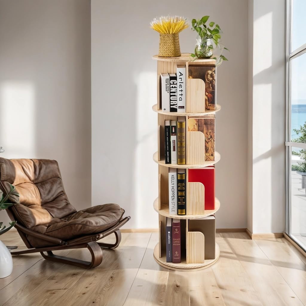 SHZOND Rotating Bookshelf, 360 Display 4 Tier Floor Standing Bookcase ...
