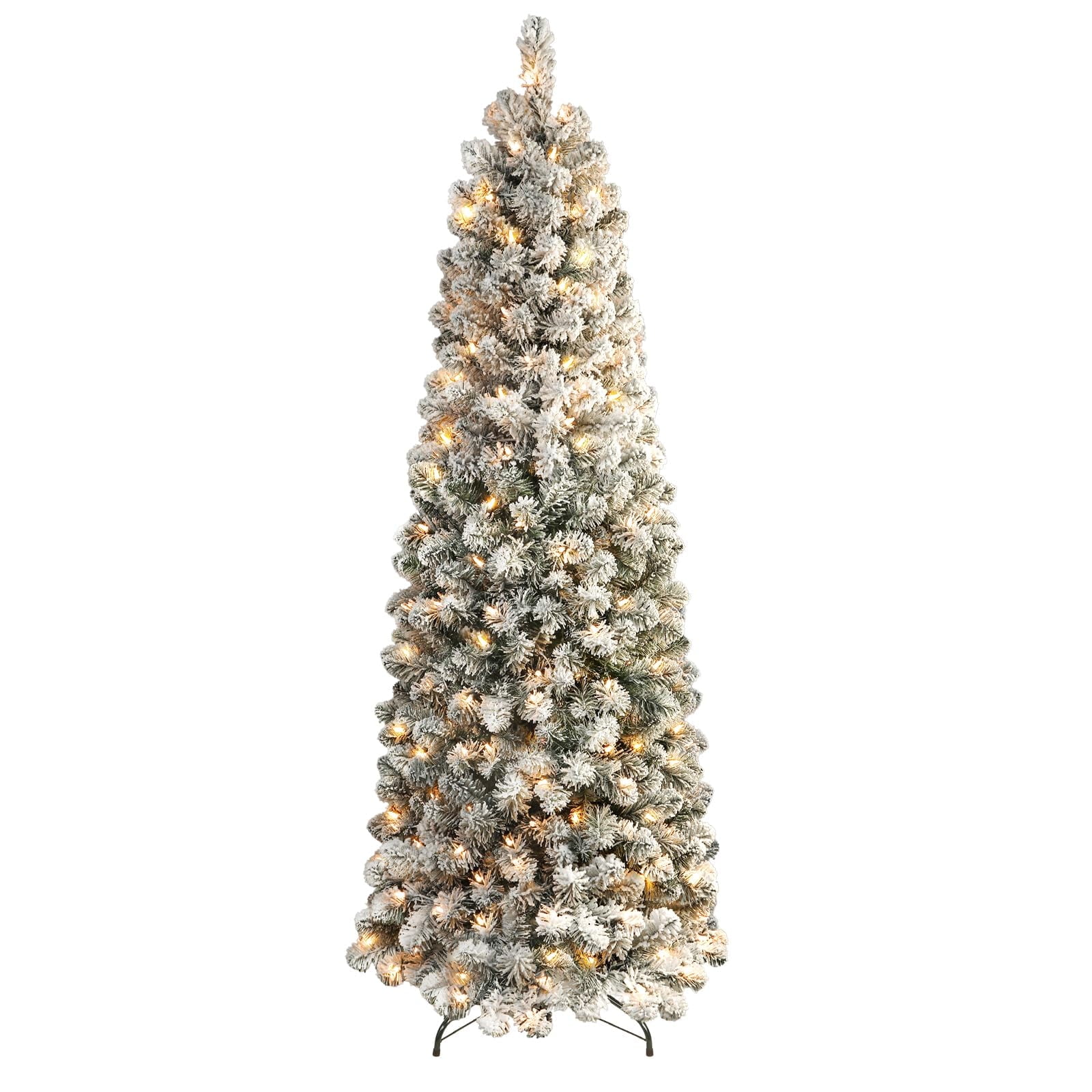 SHareconn 5ft Prelit Snow Flocked Artificial Hinged Slim Pencil Christmas Tree with Warm White ...