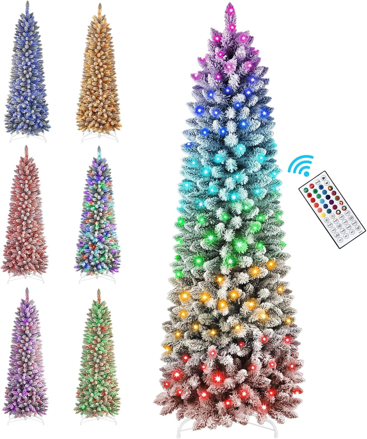 SHareconn 6ft Prelit Snow Flocked Artificial Hinged Slim Pencil Christmas Tree, with Remote ...