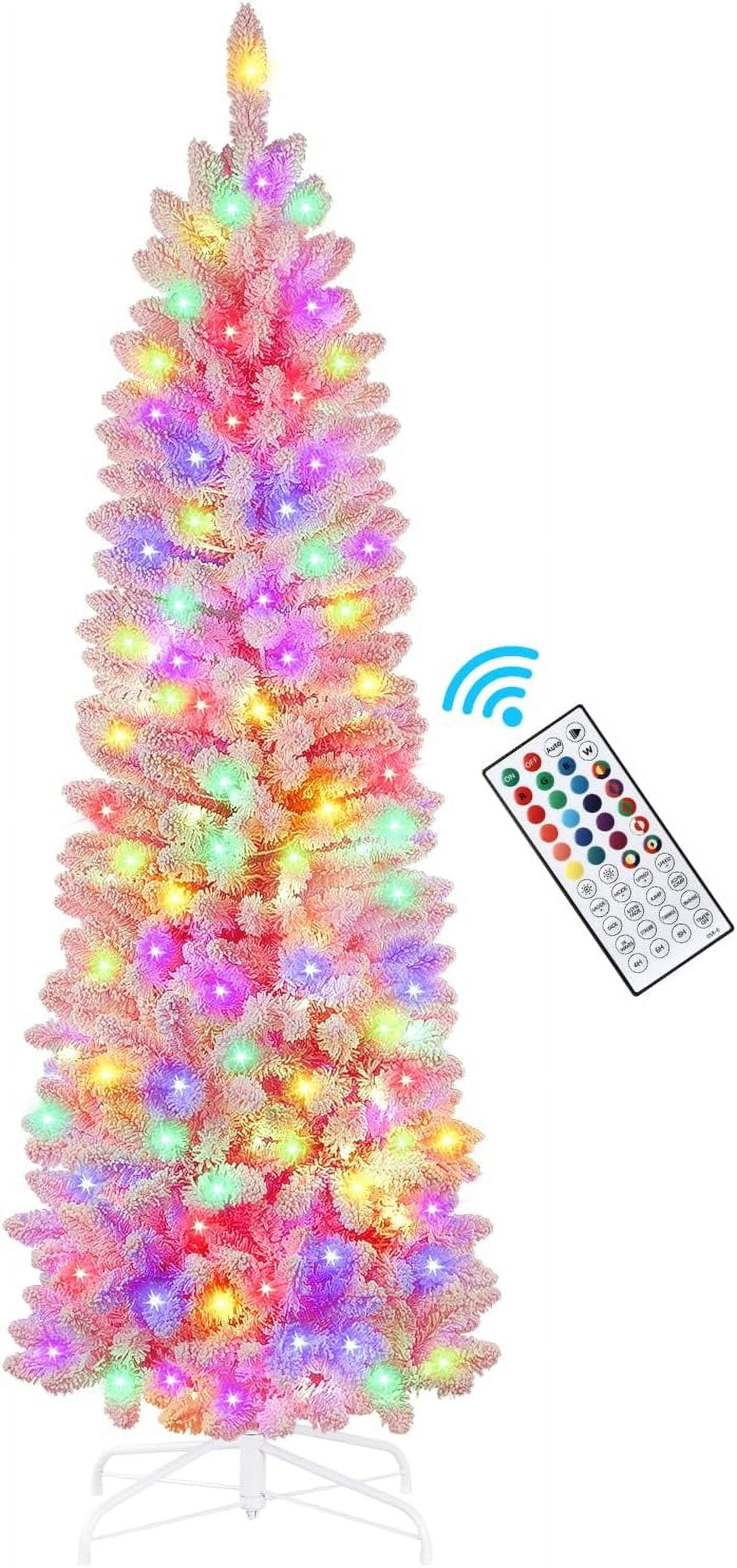 SHareconn 7.5ft Prelit Snow Flocked Artificial Hinged Slim Pencil Christmas Tree, with Remote ...