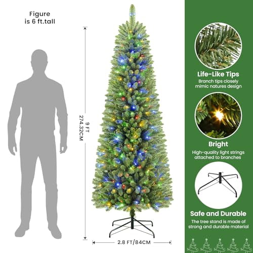 SHareconn 9ft Premium Prelit Artificial Hinged Slim Pencil Christmas ...