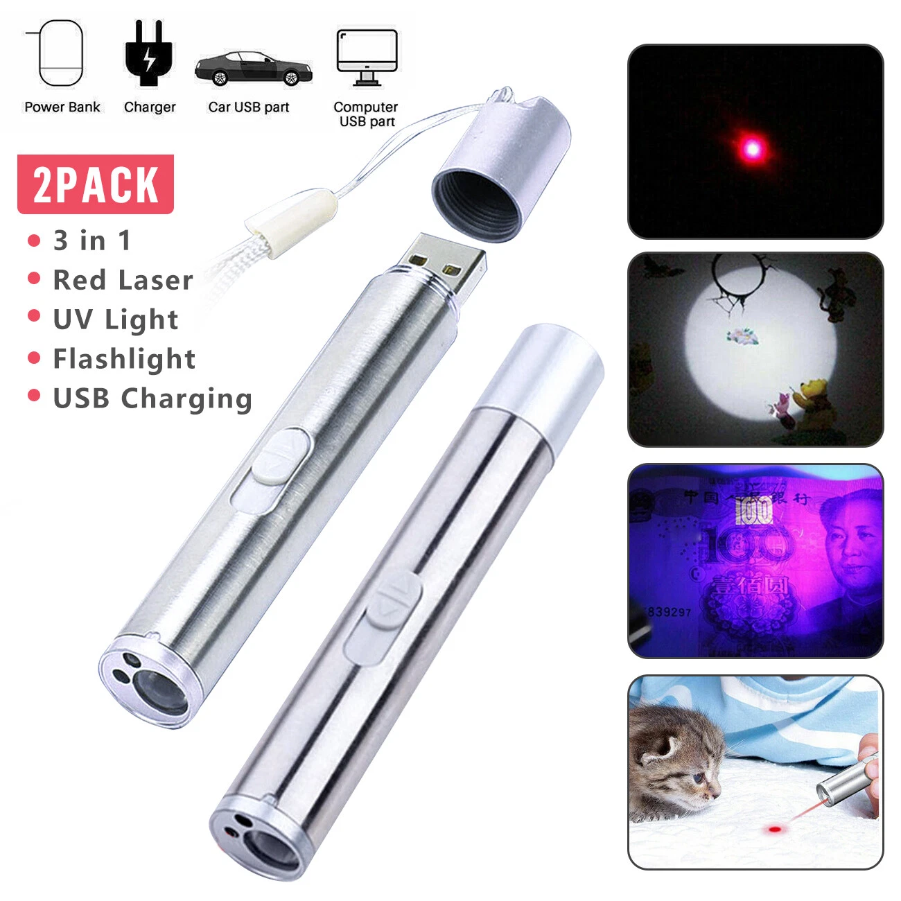 SIANA- 2Pcs Usb Rechargeable Red Laser Pointer Pen Single Beam Led ...