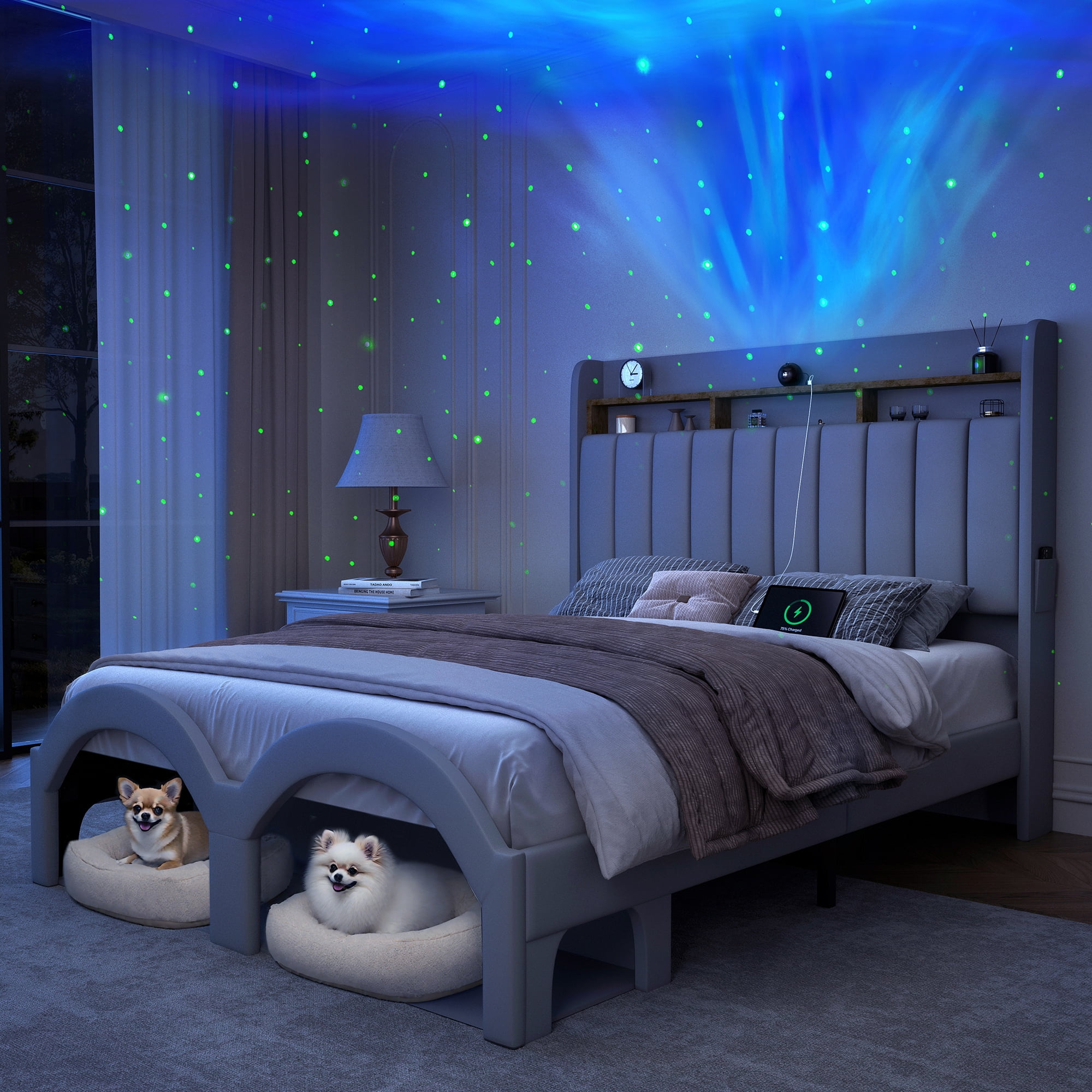 SIBEDS Bed Frame with Storage Drawers and Galaxy Star Projector PU ...
