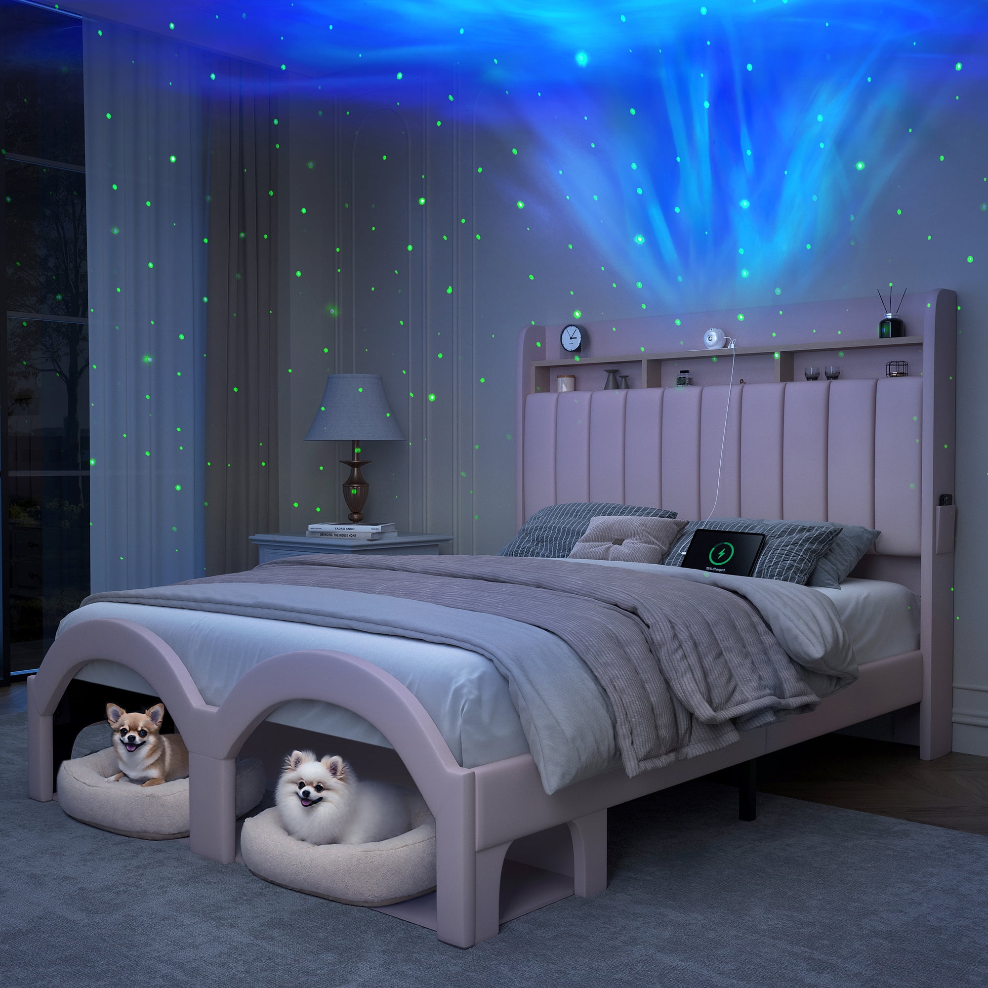 SIBEDS Bed Frame with Storage Drawers and Galaxy Star Projector PU ...