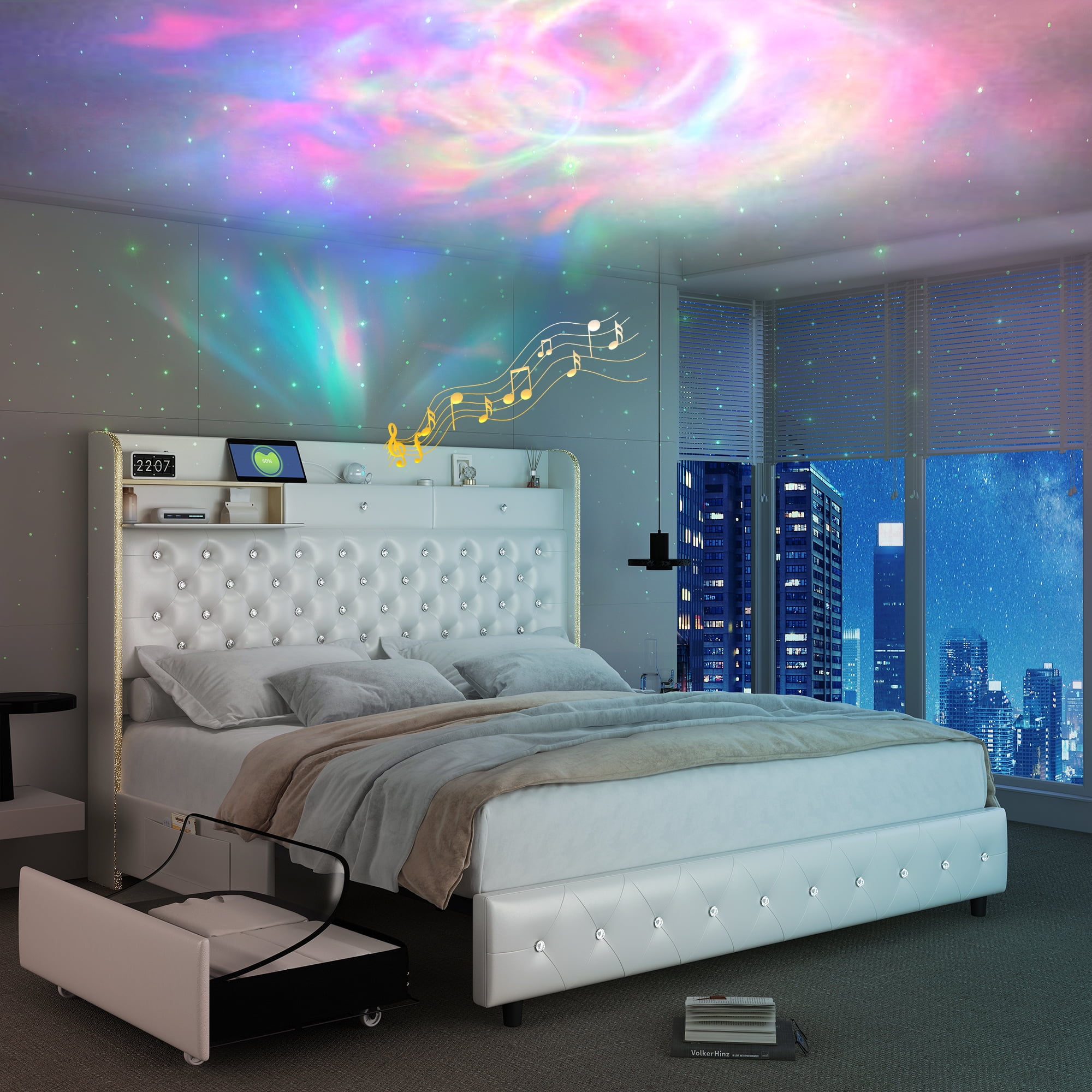 SIBEDS Full LED Bed Frame with Galaxy Projector, Charging Station, 52 ...