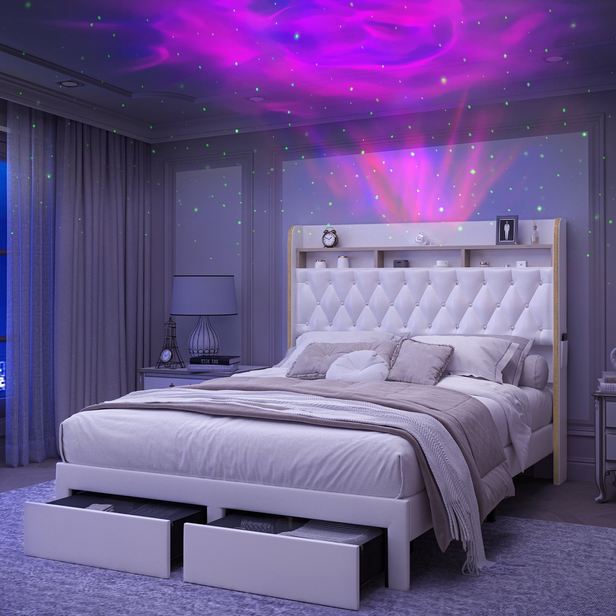 SIBEDS LED Bed Frame with 2 Storage Drawers and Galaxy Star Projector ...