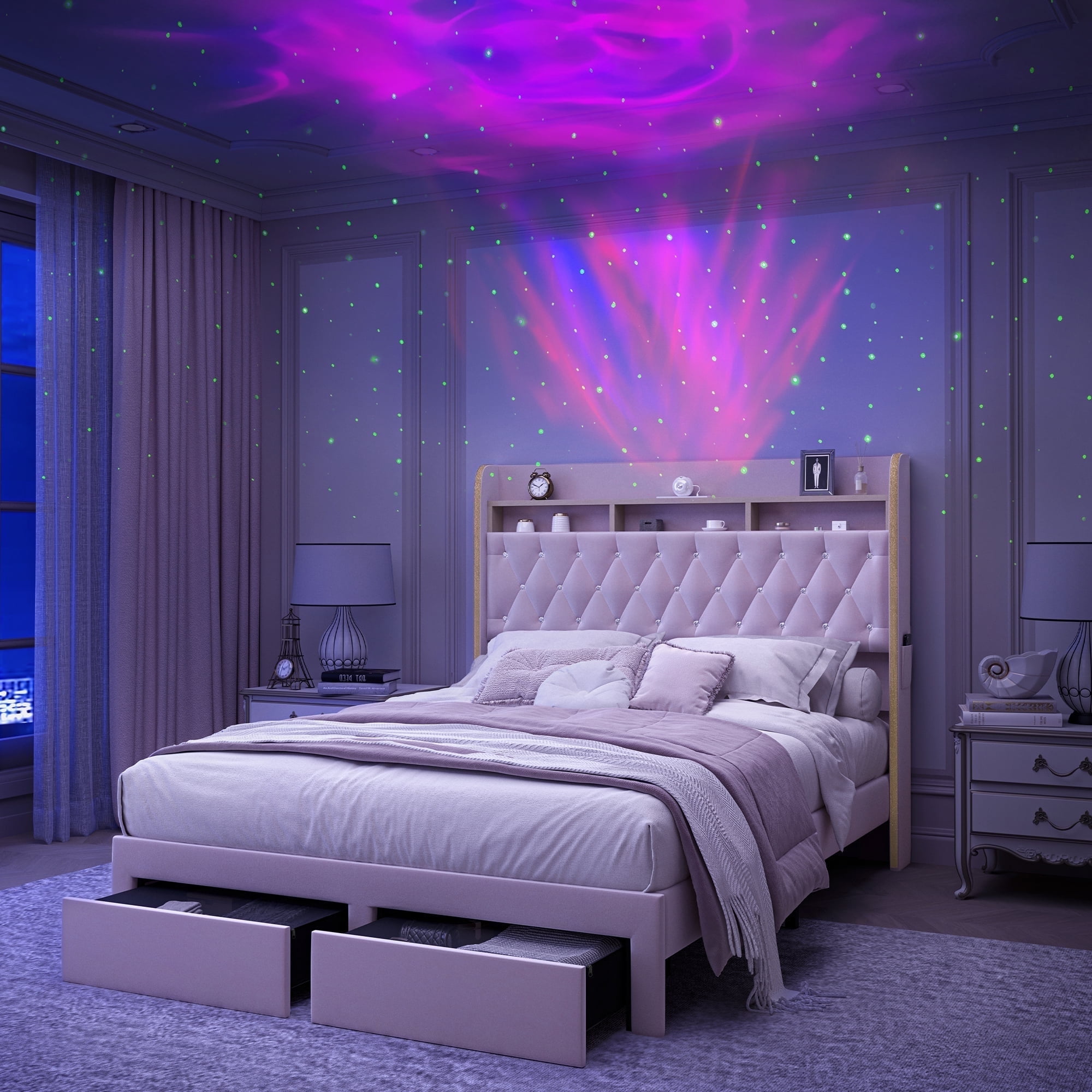 SIBEDS LED Bed Frame with 2 Storage Drawers and Galaxy Star Projector ...