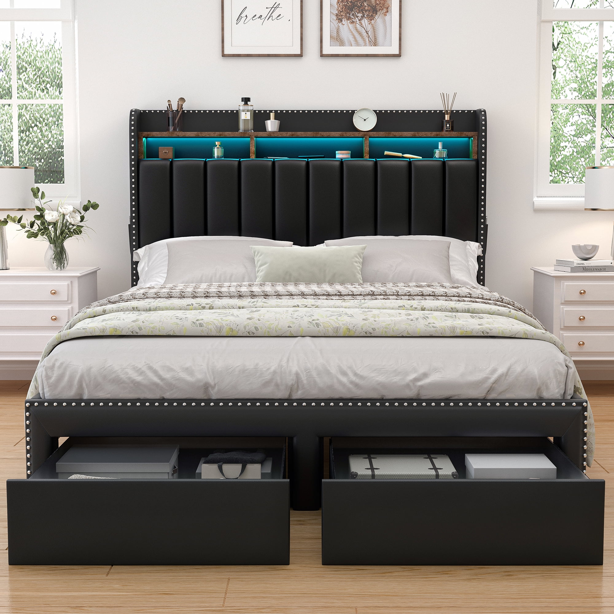 SIBEDS LED Bed Frame with Drawer Pockets and PU Upholstered Black ...