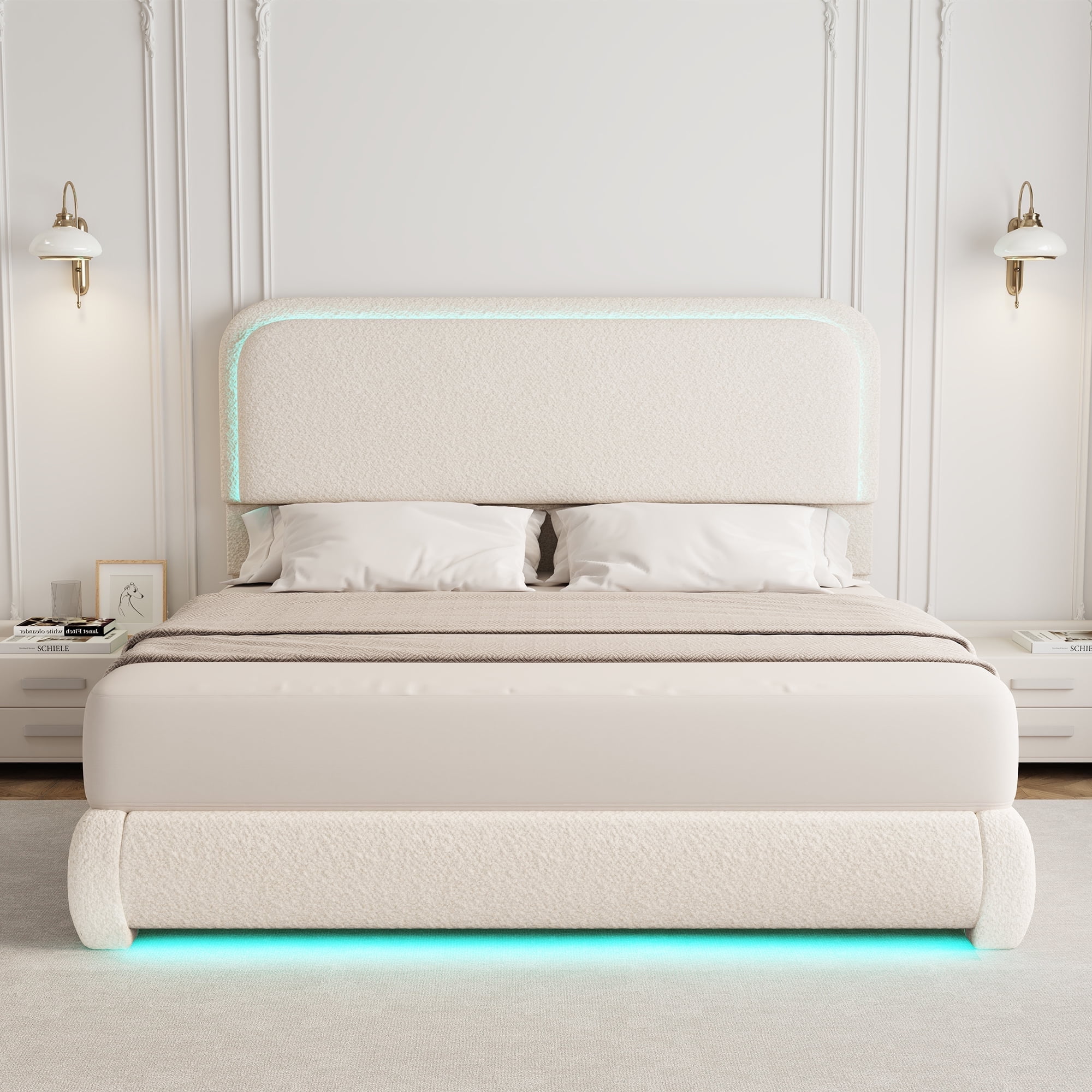 SIBEDS Queen LED Bed Frame, Teddy Fleece Upholstered Platform, RGB ...