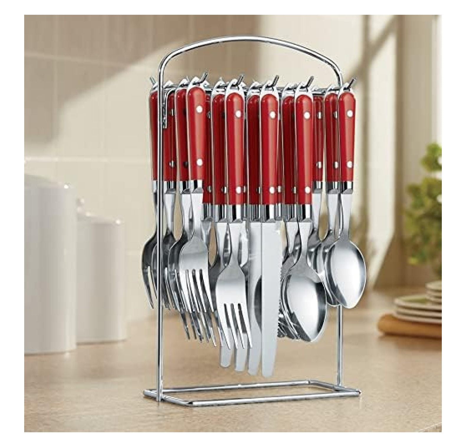 SICHEN 20-Piece Hanging Flatware Set with Rack, Red - Stainless Steel ...