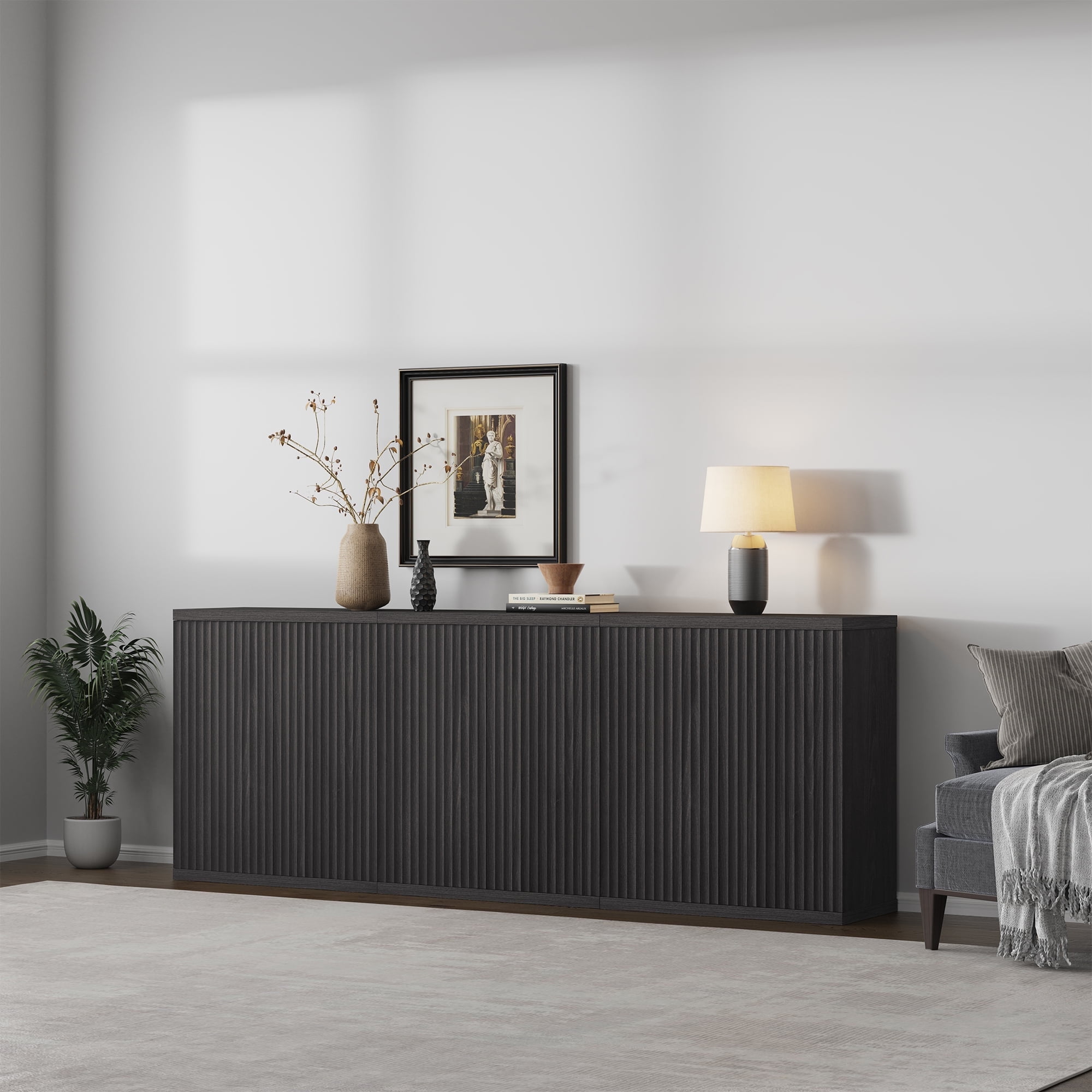 SICOTAS 30.9" Black Fluted Sideboard Buffet Cabinet Set of 3 with ...