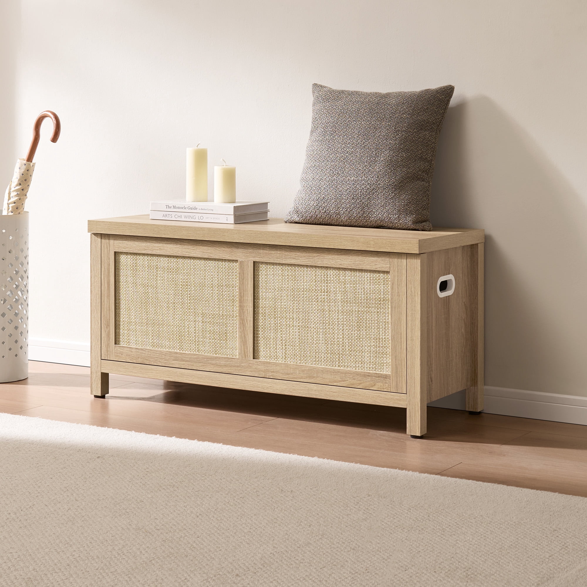 SICOTAS 39.4" Wide Storage Bench with Flip-Top Lid, Rattan Shoe Rack ...