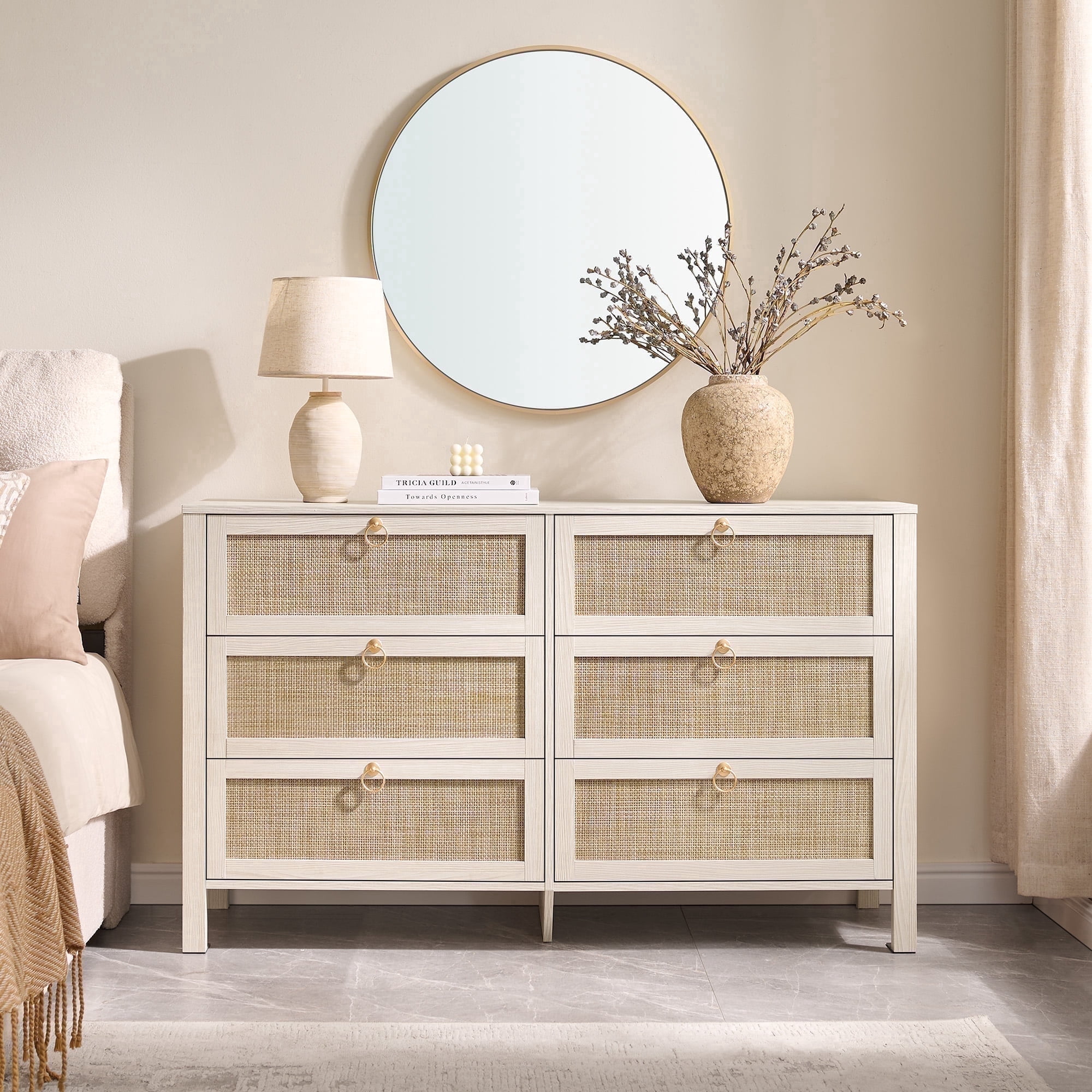 SICOTAS 51.14 Inch Wide Rattan Dresser, 6-Drawer White Boho Coastal ...