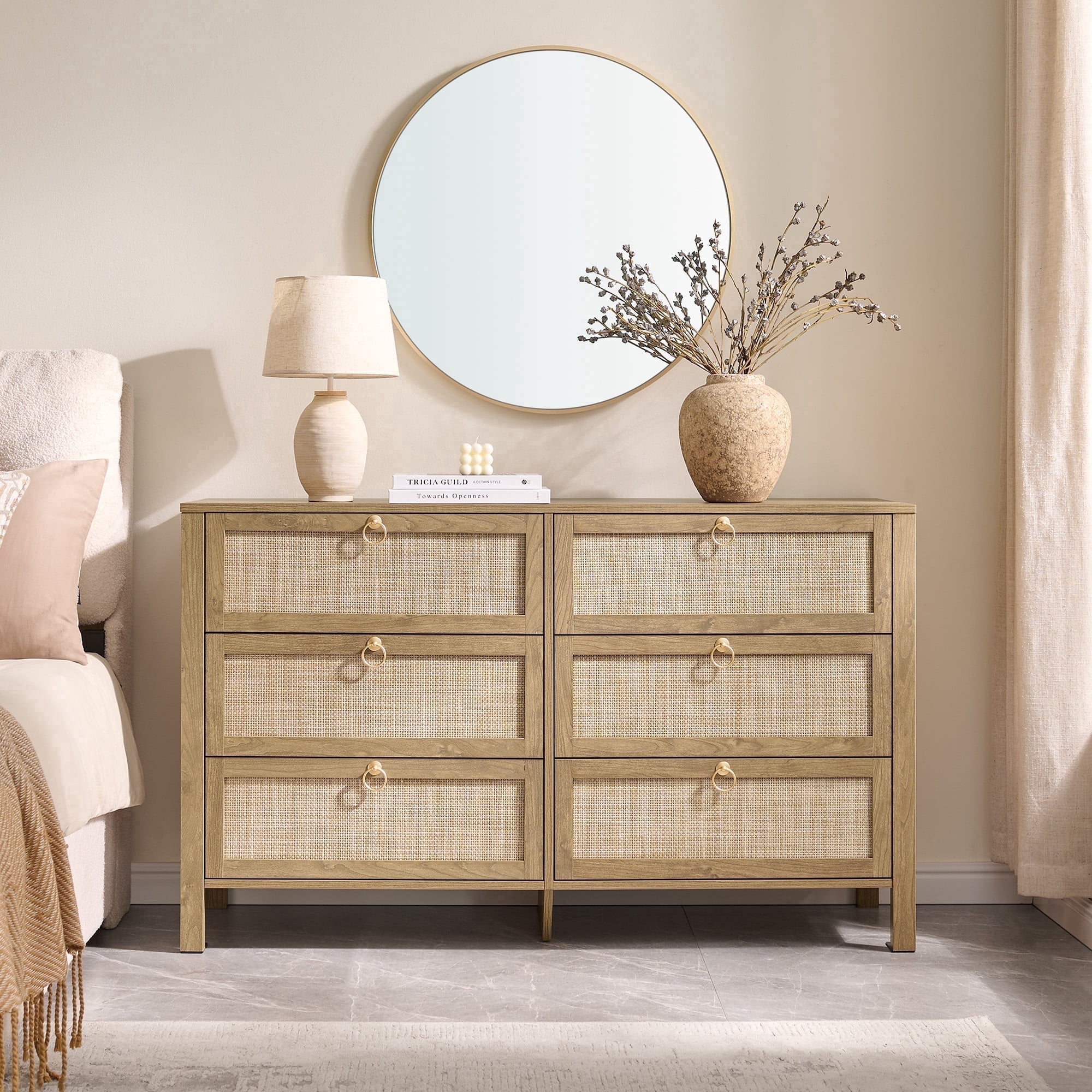SICOTAS 51.14" Wide 6-Drawer Rattan Dresser, Large Boho Chest of ...