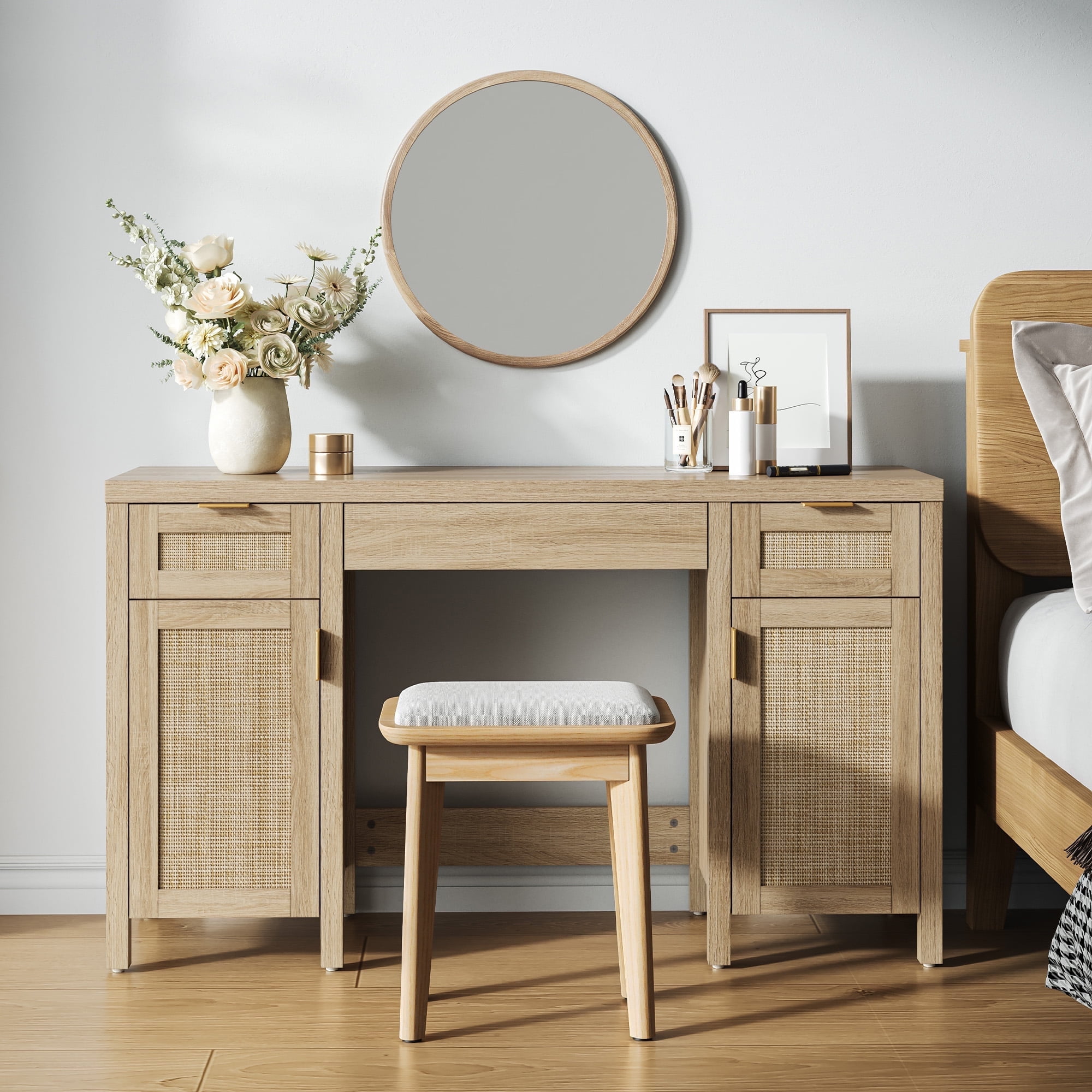 SICOTAS Boho Vanity Desk with 3 Drawers & 2 Storage Cabinets, 52 ...