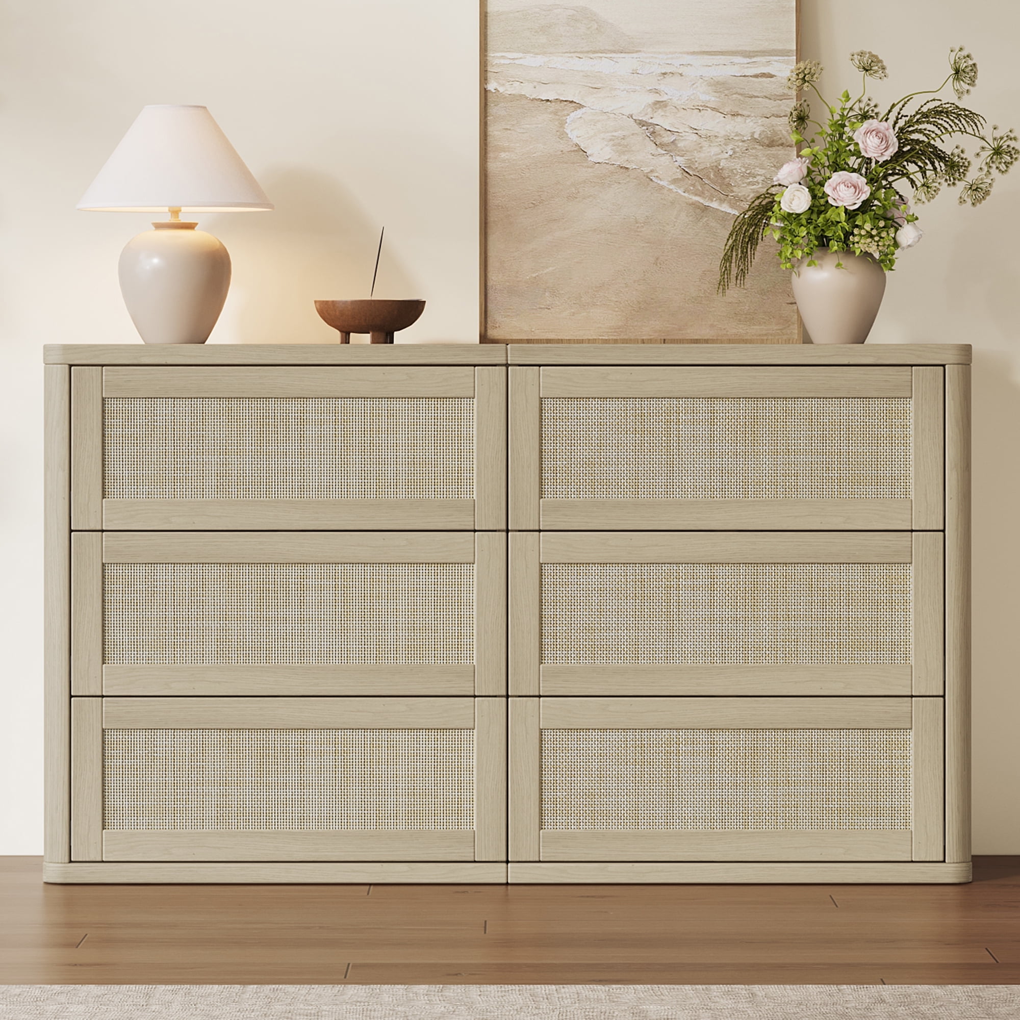 SICOTAS 53.6" Wide 6 Drawer Modular Rattan Dresser for Bedroom, Long ...