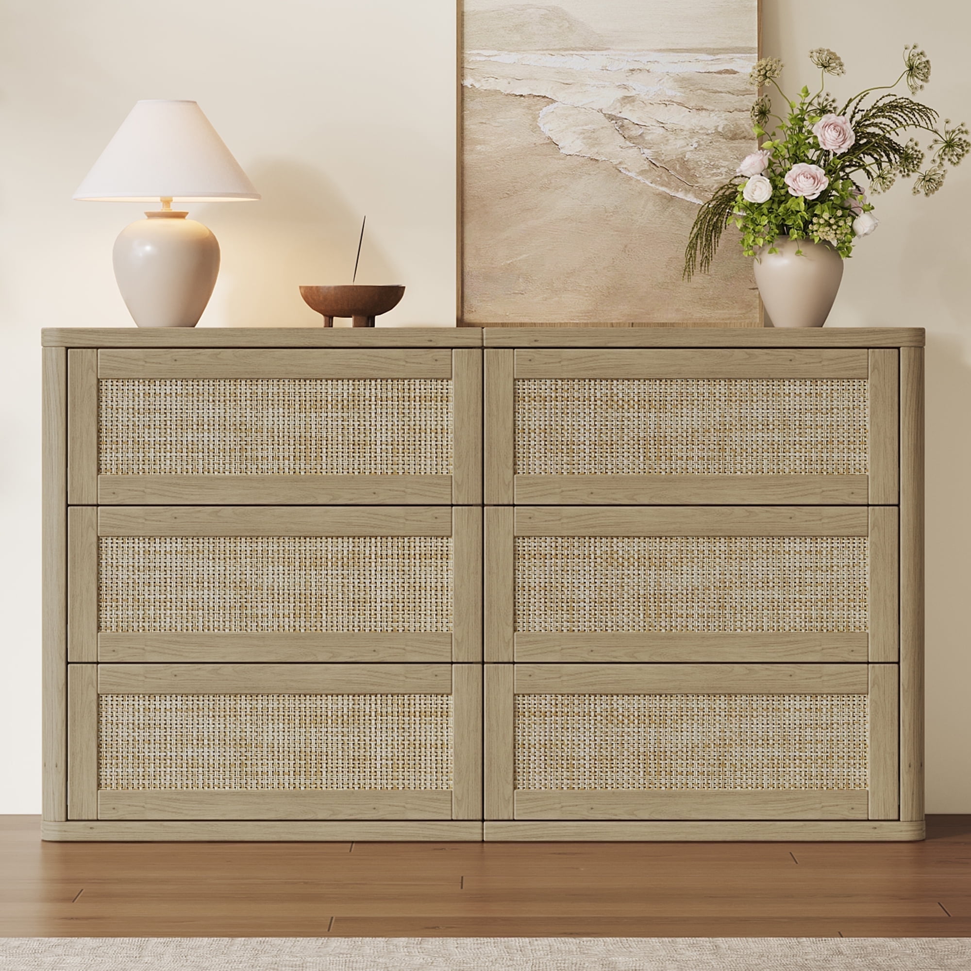 SICOTAS 53.6" Wide 6 Drawer Modular Rattan Dresser for Bedroom, Long ...