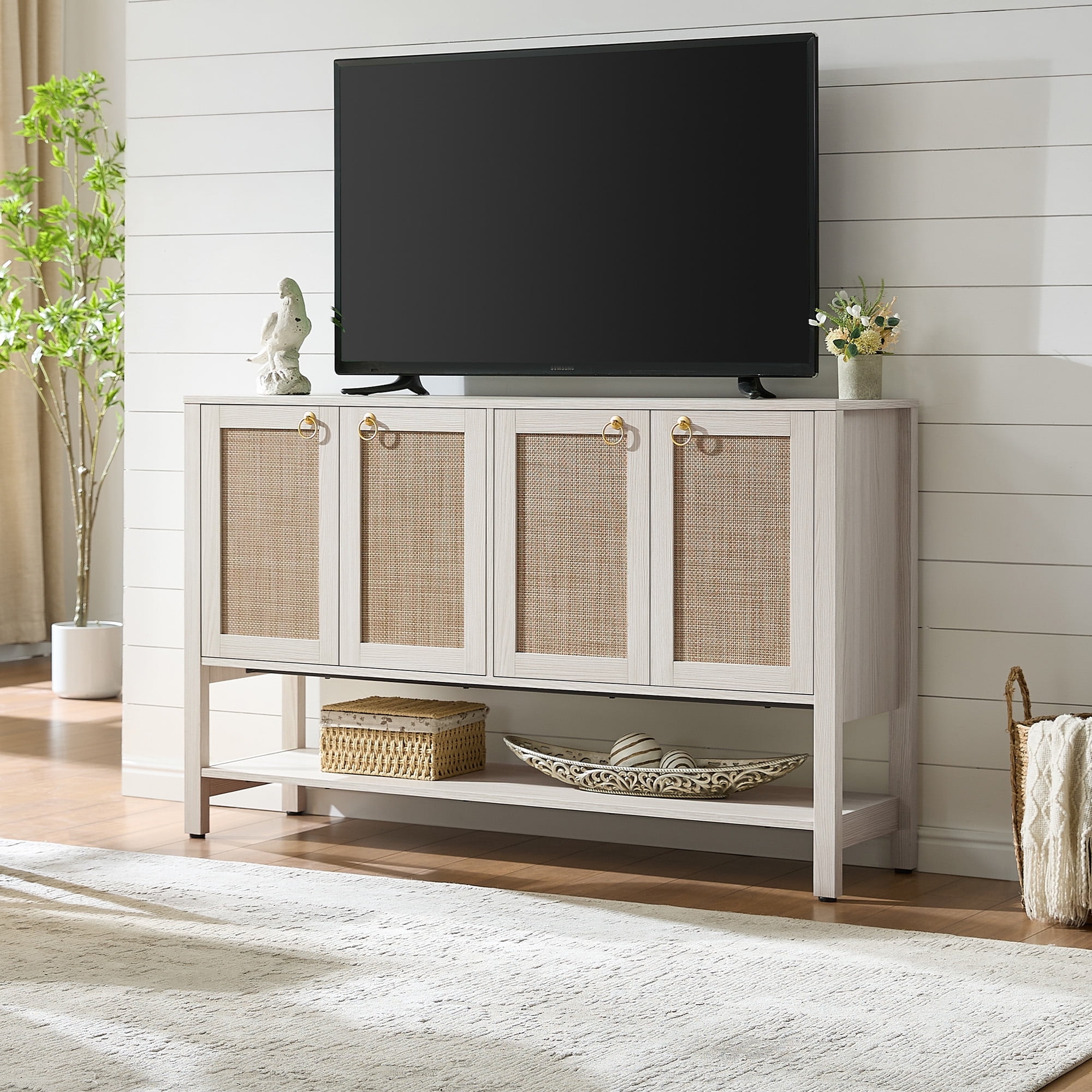 SICOTAS 55 Inch Wide TV Stand for TVs up to 65", Rattan Media Console ...