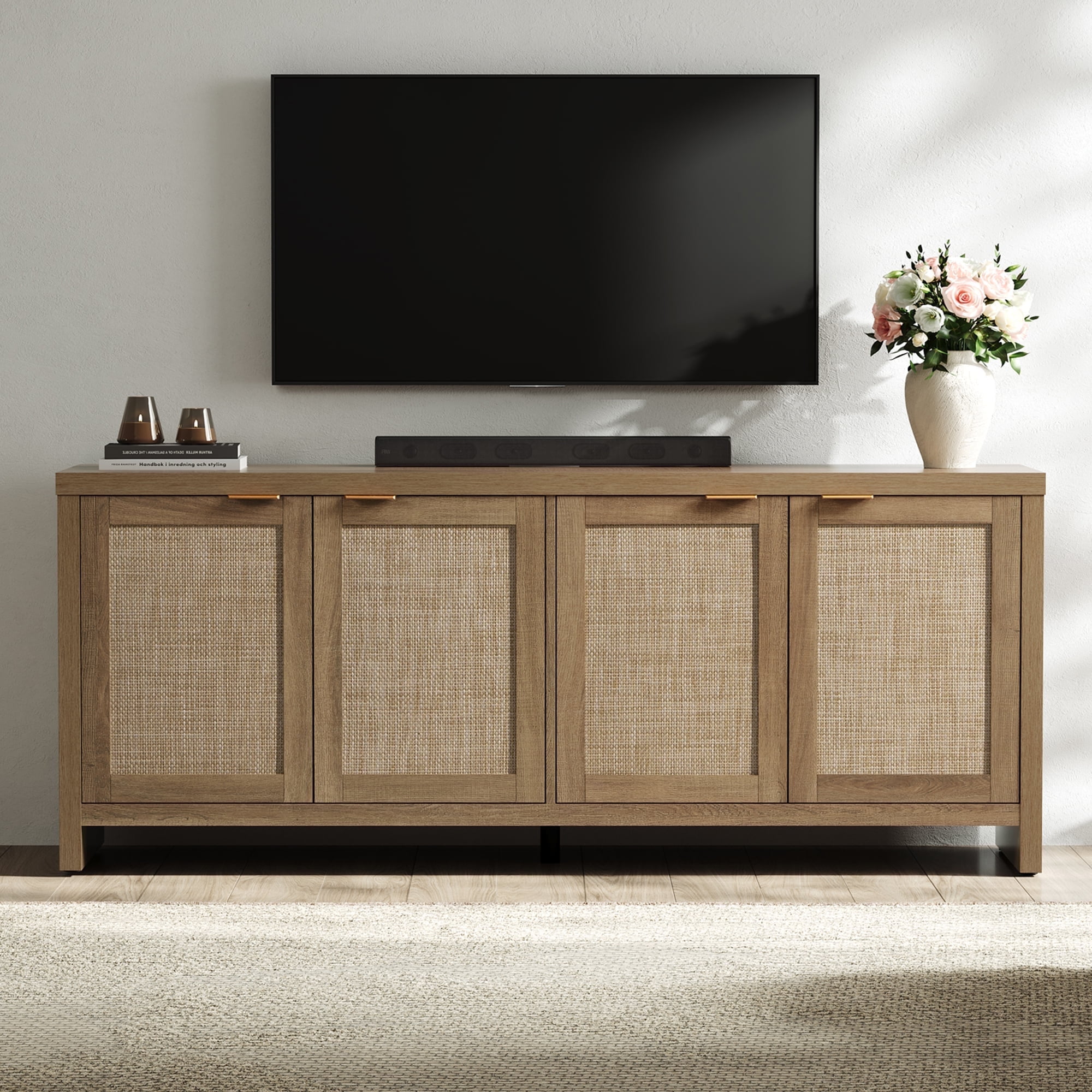 SICOTAS 61.5"W Rattan TV Stand with 4 Doors, Boho Entertainment Center ...