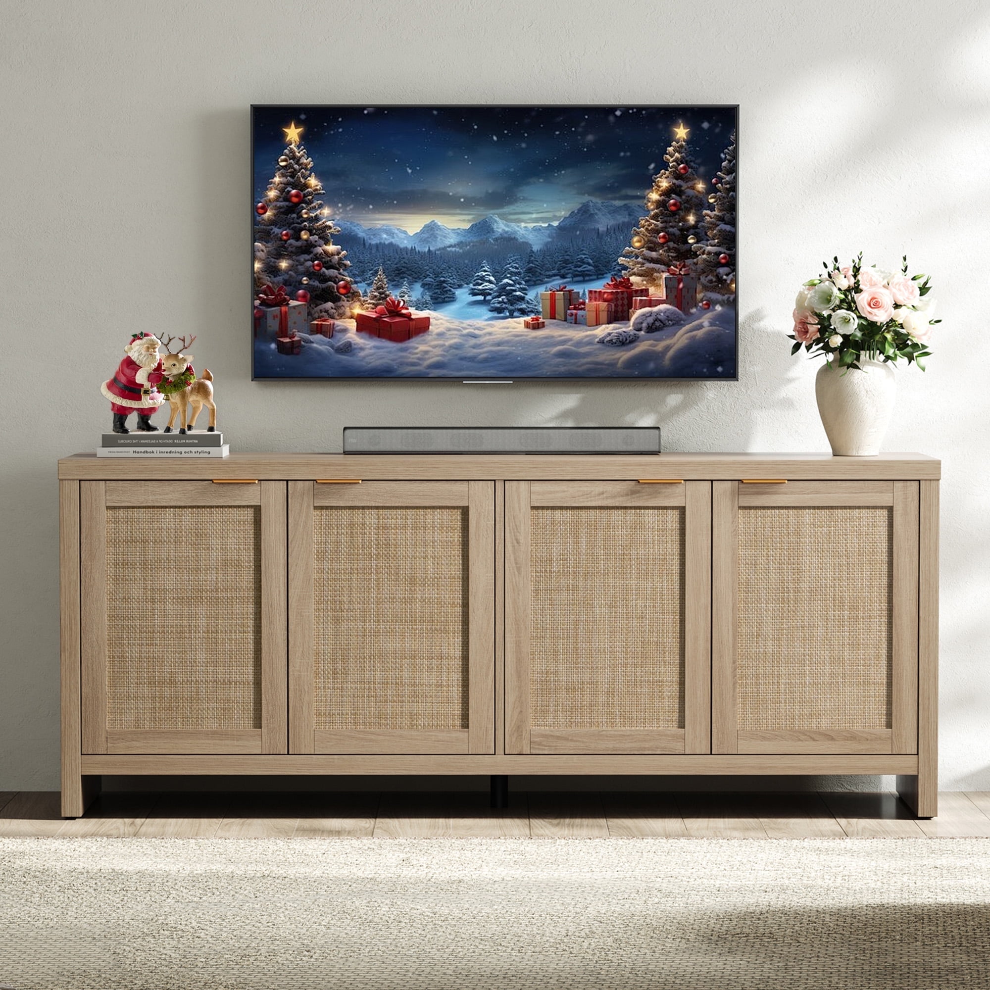 SICOTAS 61.5"W Rattan TV Stand with 4 Doors– Large Boho TV Cabinet ...