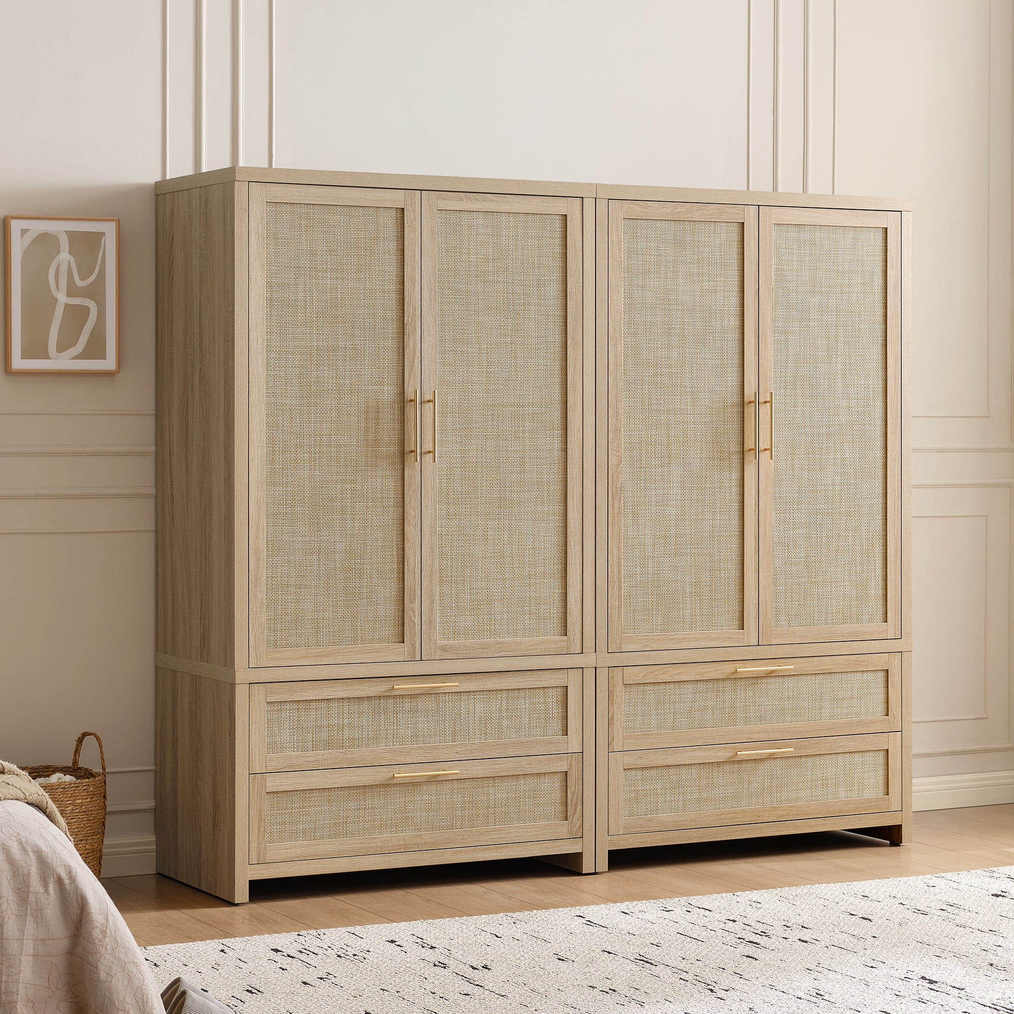 SICOTAS 71"H Boho Armoire Wardrobe Closet Set of 2- Rattan Storage ...