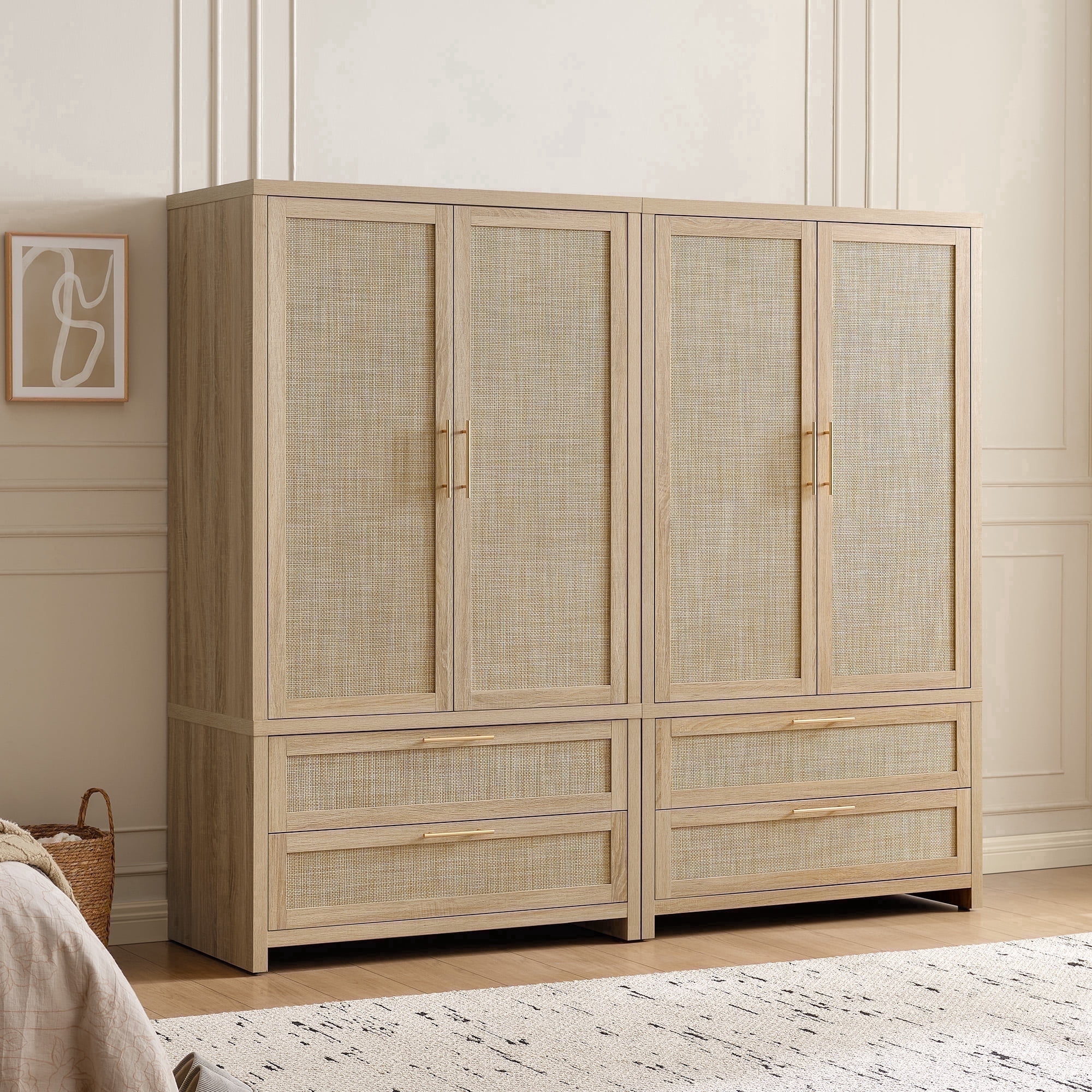 SICOTAS 71"H Boho Armoire Wardrobe Closet Set of 2- Rattan Storage ...