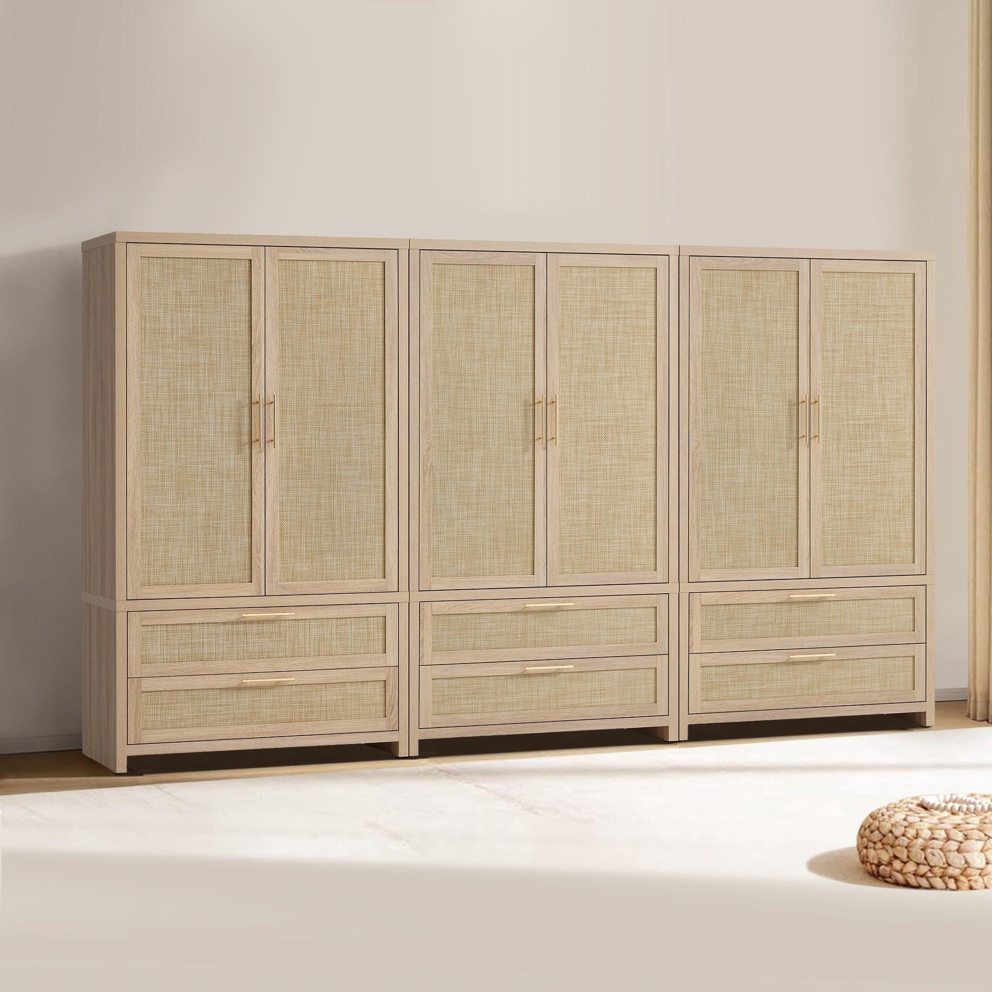 SICOTAS 71"H Boho Armoire Wardrobe Closet Set of 3- Rattan Storage ...