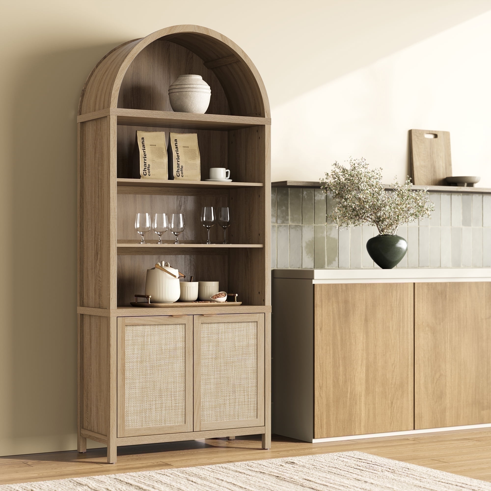 SICOTAS 84.2" Tall Rattan Pantry Cabinet with Adjustable Shelves ...