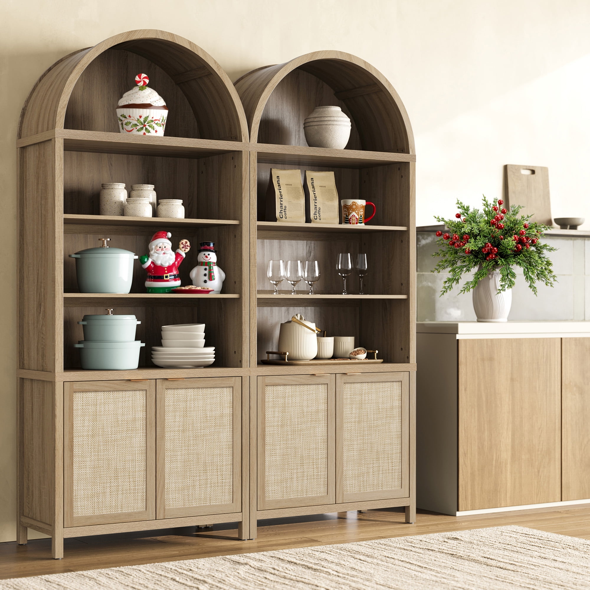 SICOTAS 84.2"H Tall Rattan Arched Pantry Cabinet Set of 2 with ...
