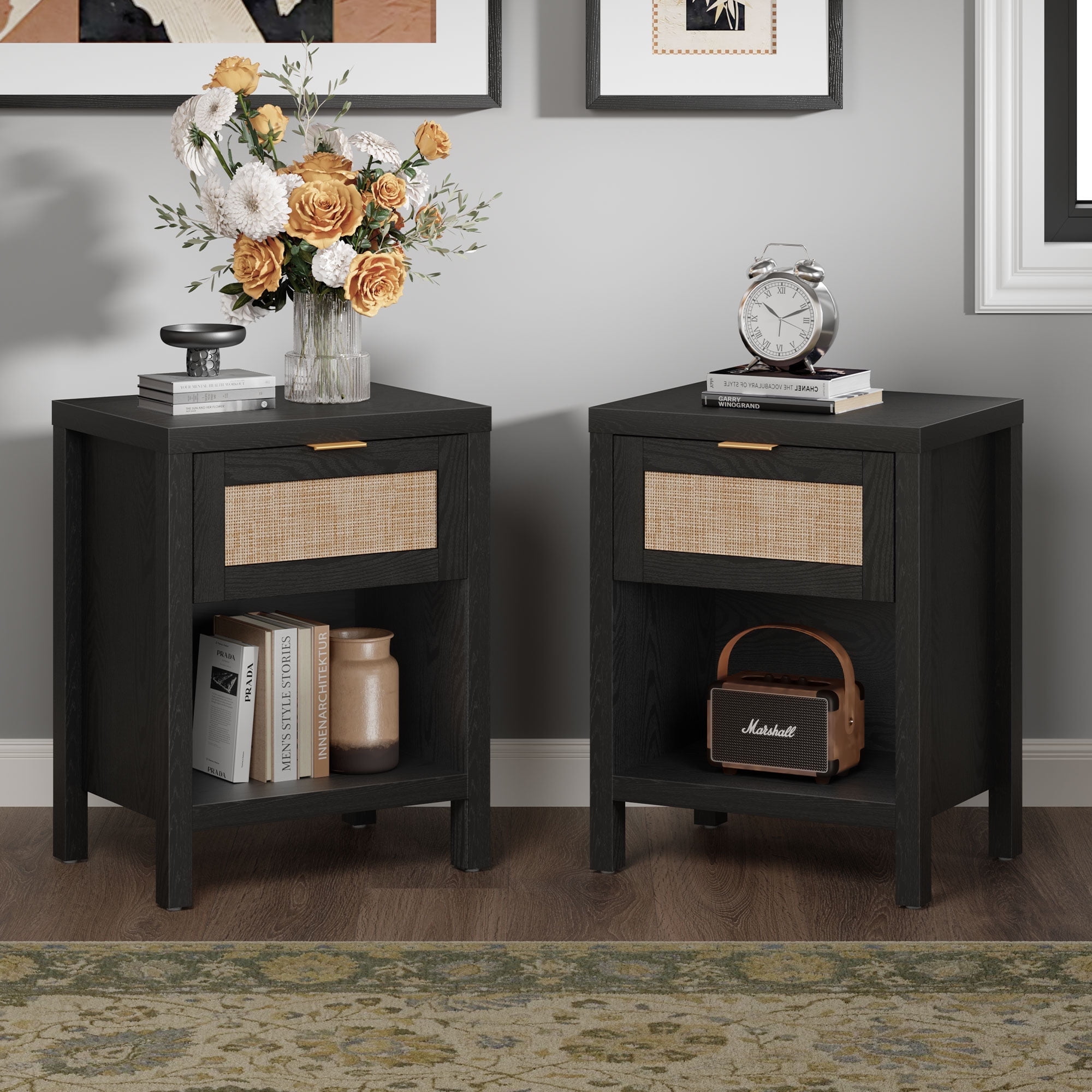SICOTAS Set of 2 Farmhouse Rattan Nightstands with Drawer and Storage ...