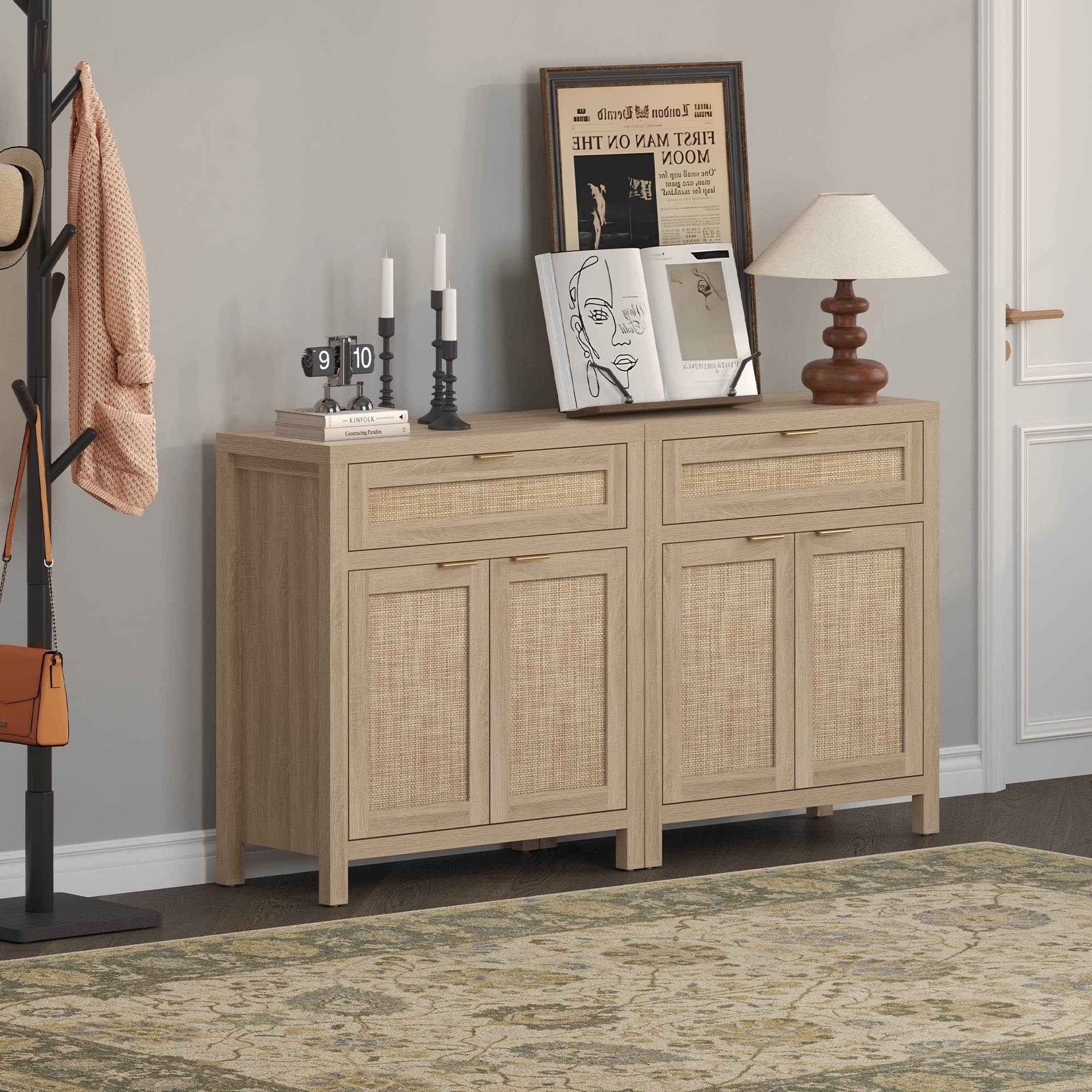 SICOTAS Boho Mittan Rattan Style Kitchen Set with 2 Drawers, Dining ...