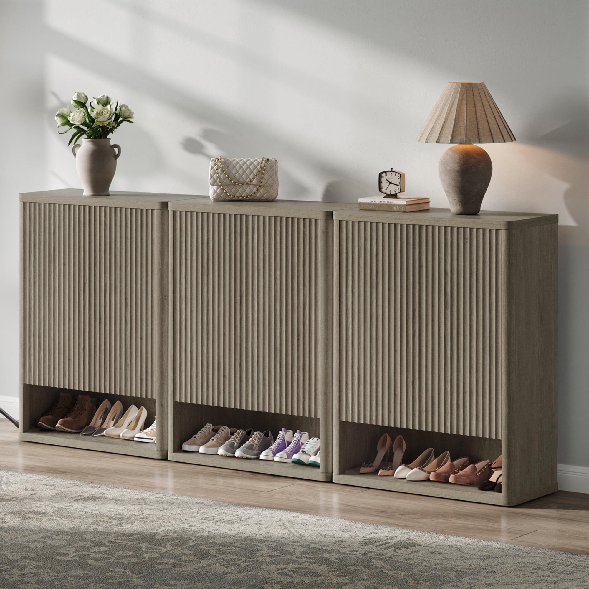 SICOTAS Gray Modern Shoe Storage Cabinet Set of 3,60 Pairs Fluted Shoe ...