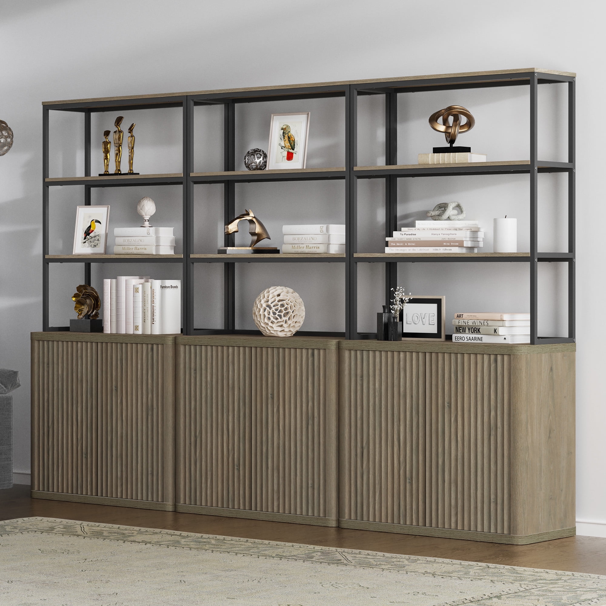 SICOTAS Modern Fluted Bookcase Set of 3, Mid Century Bookshelf with ...